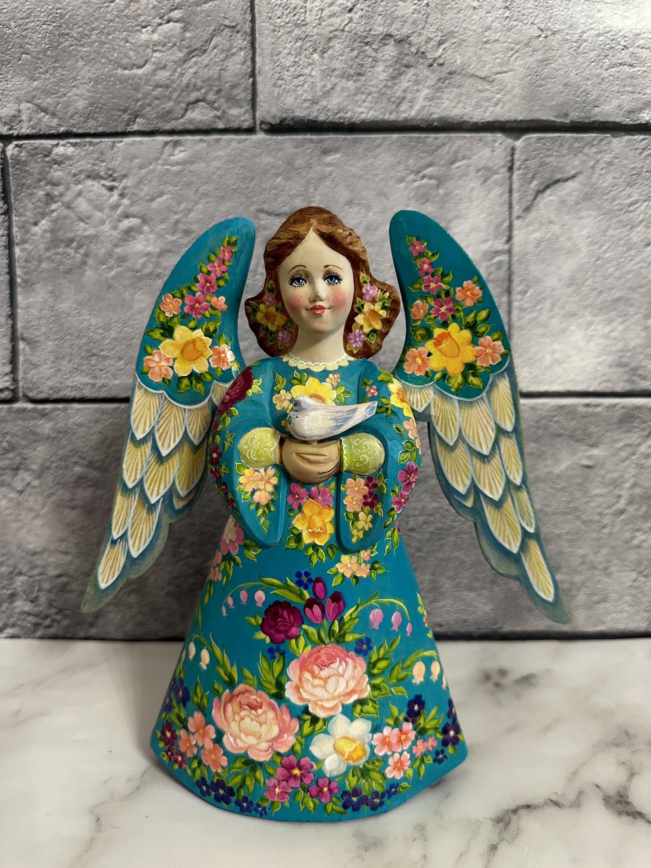 Hand-painted Floral Angel Figurine Angel With Dove - Etsy