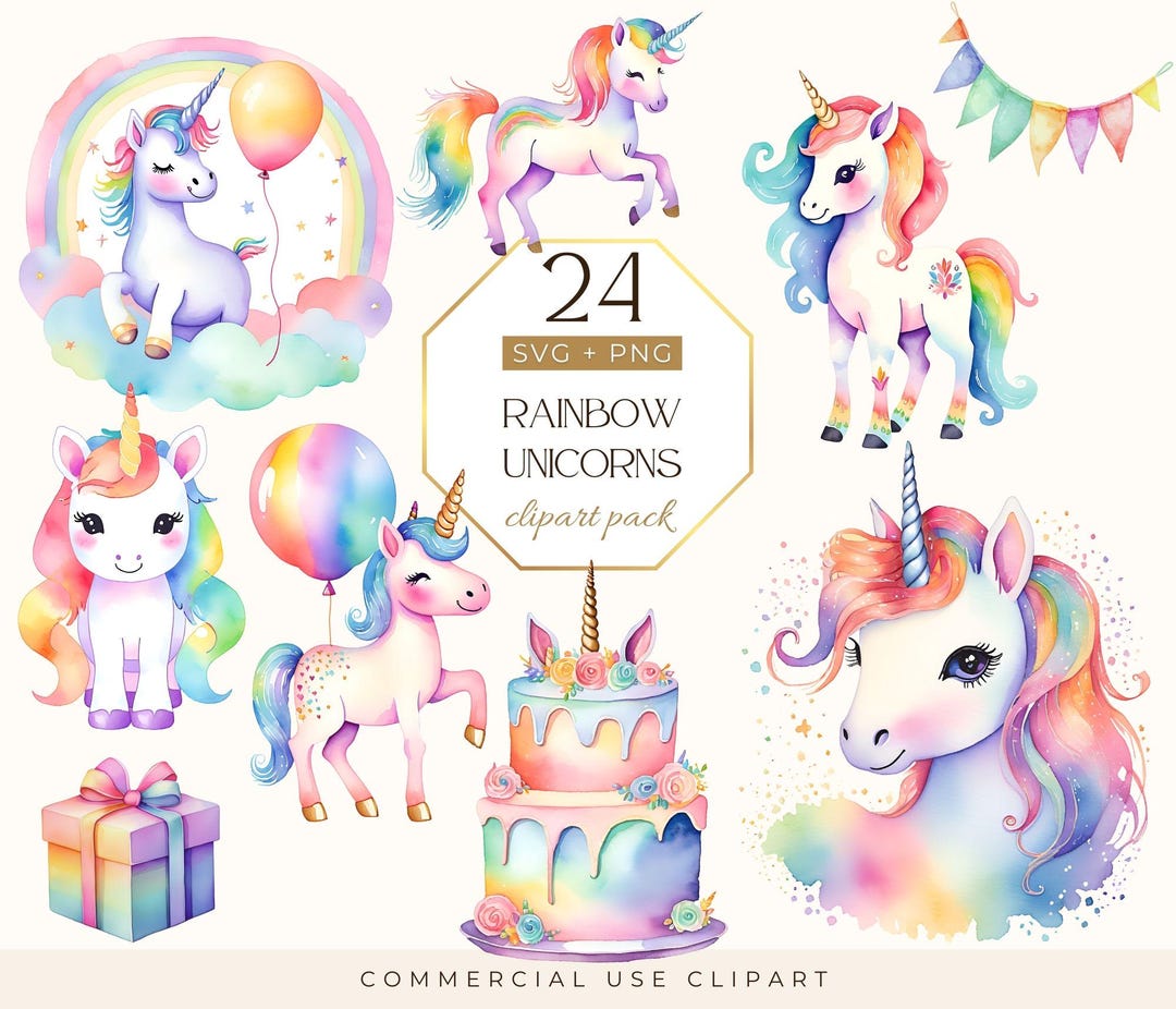 Watercolor Rainbow Unicorn Clipart, Cute Unicorn Png, Dragon Birthday ...