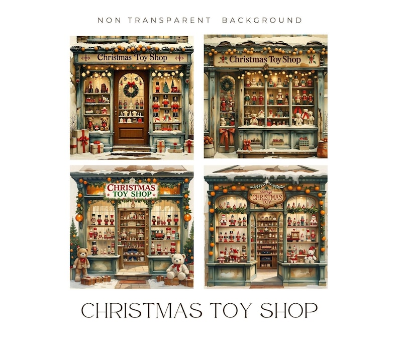 Christmas Toy Shop Clipart, Watercolor Vintage Store JPG | Holiday ...