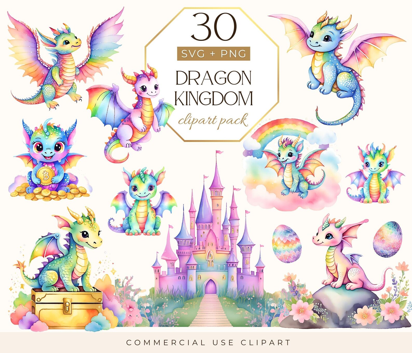 Watercolor Cute Rainbow Dragon Clipart, Baby Dragon Png, Dragon Kingdom ...
