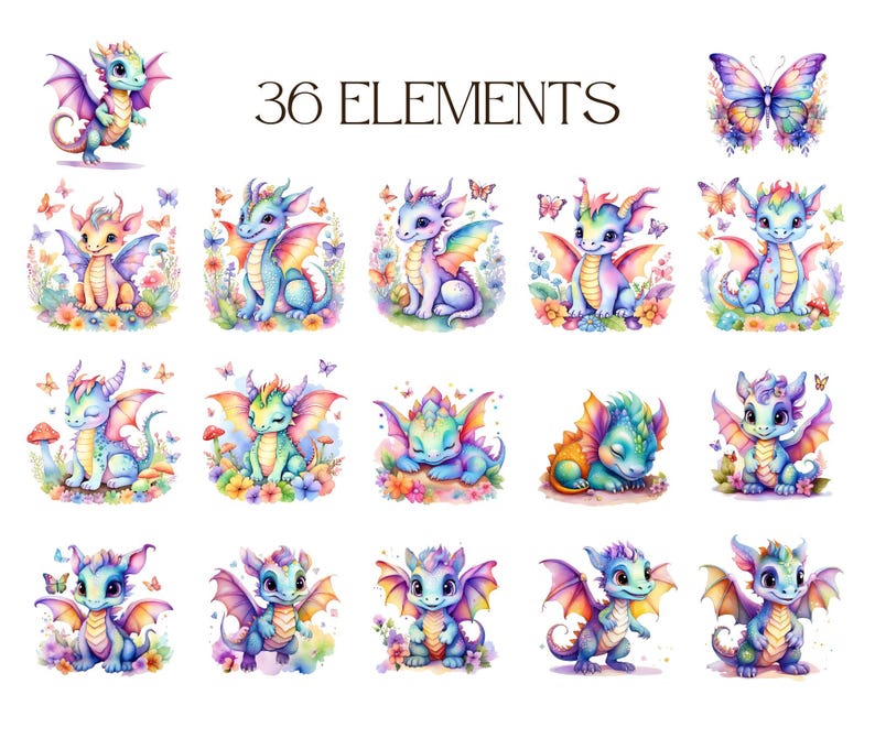 Watercolor Cute Rainbow Dragon Clipart, Baby Dragon Png, Dragon ...