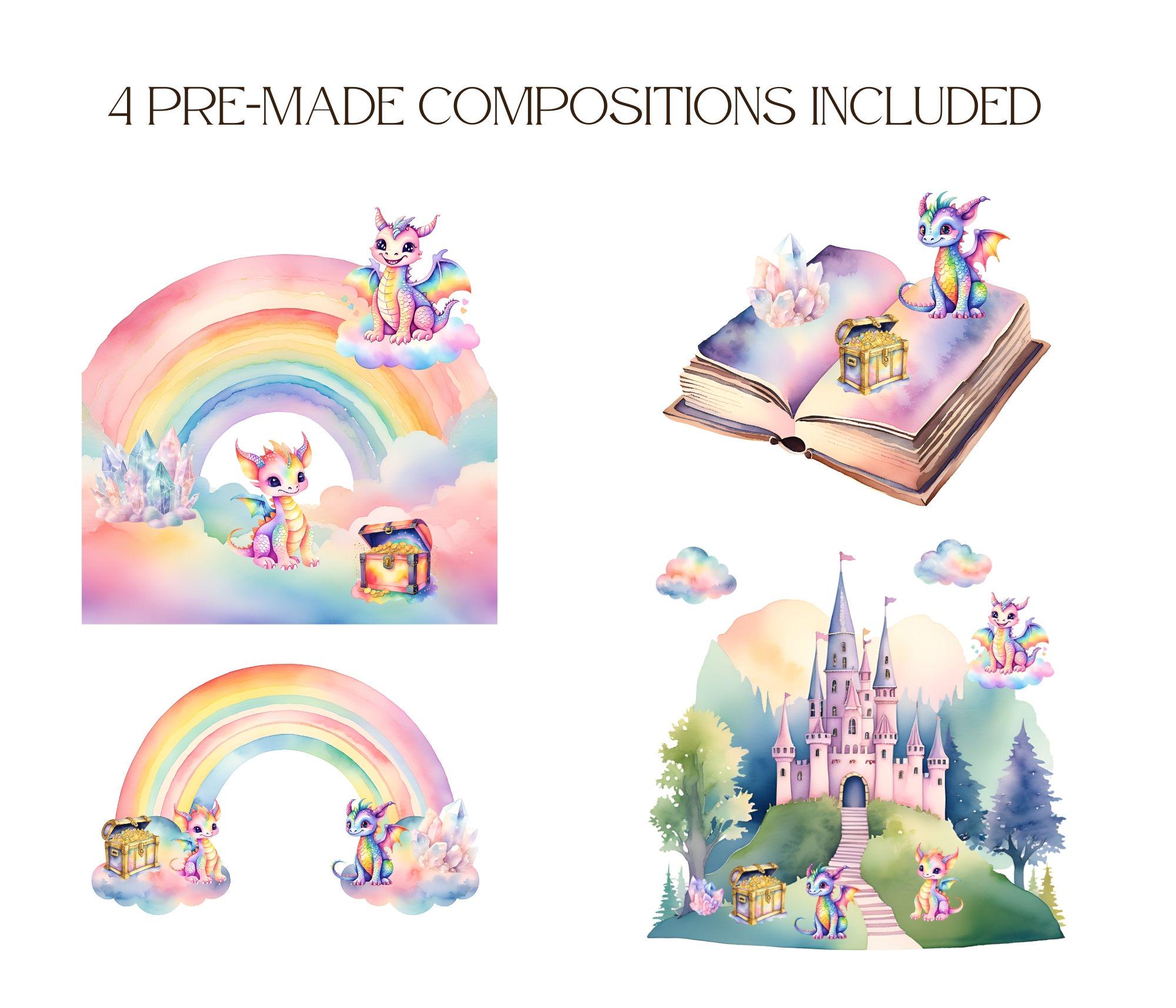 Watercolor Cute Rainbow Dragon Clipart, Baby Dragon Png, Dragon Kingdom ...