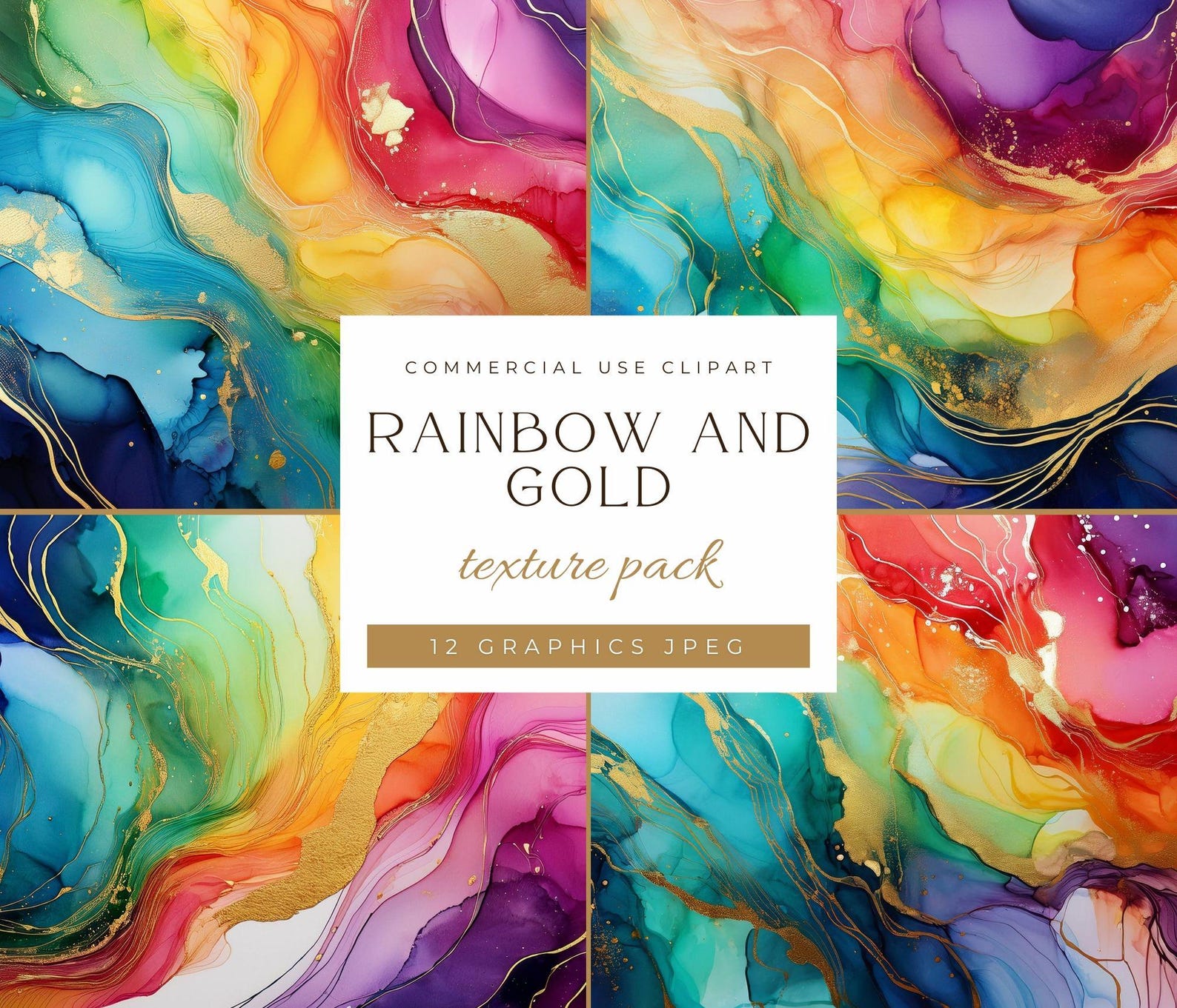 Rainbow and Gold Abstract Texture Clipart, Textures Pack, Alcohol Ink ...