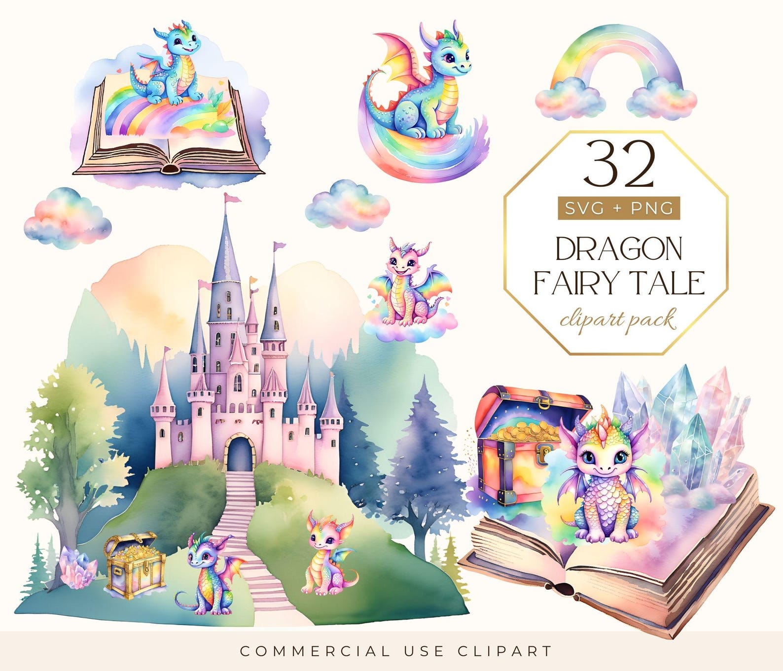 Watercolor Cute Rainbow Dragon Clipart, Baby Dragon Png, Dragon Kingdom ...