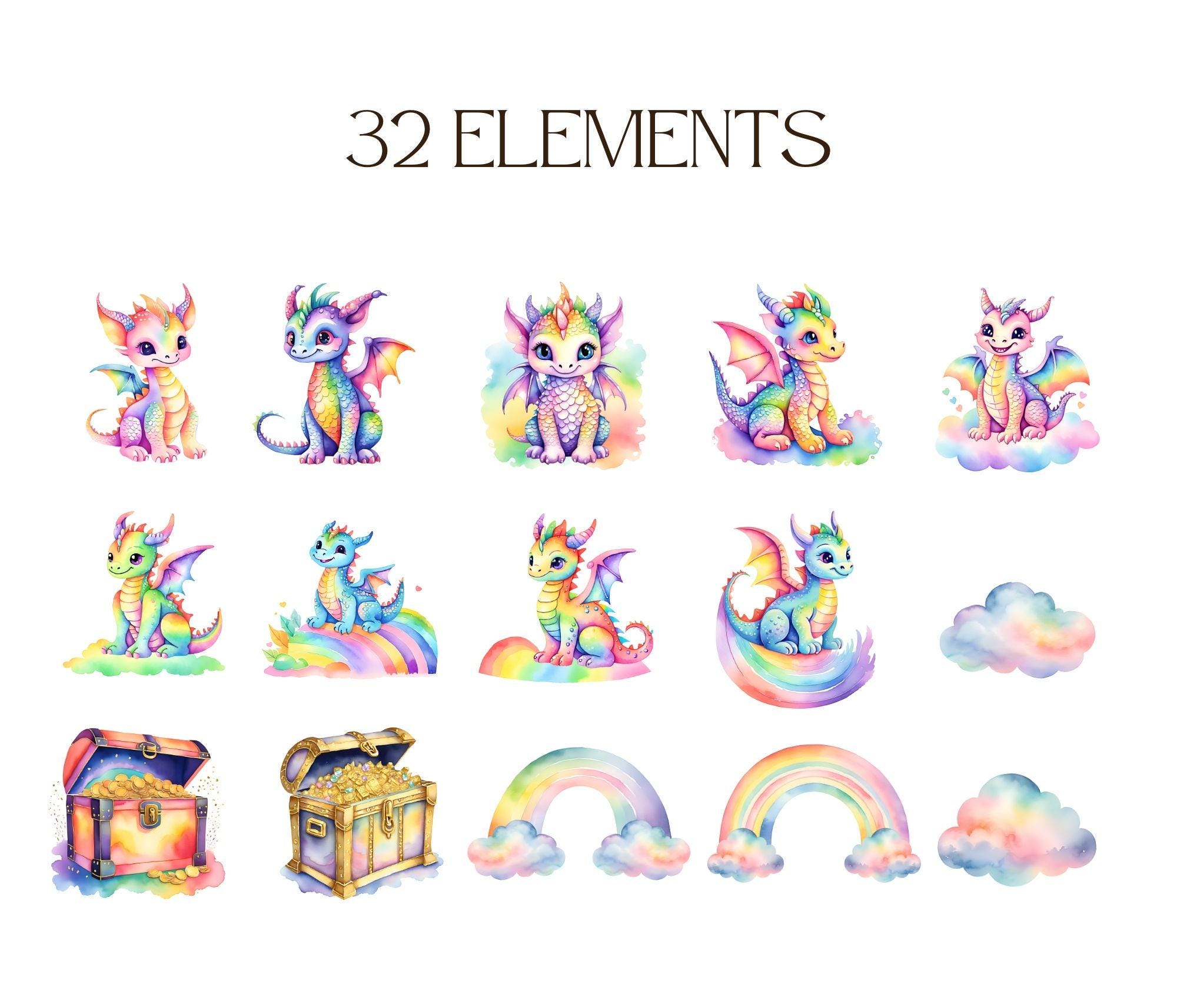 Watercolor Cute Rainbow Dragon Clipart, Baby Dragon Png, Dragon Kingdom ...