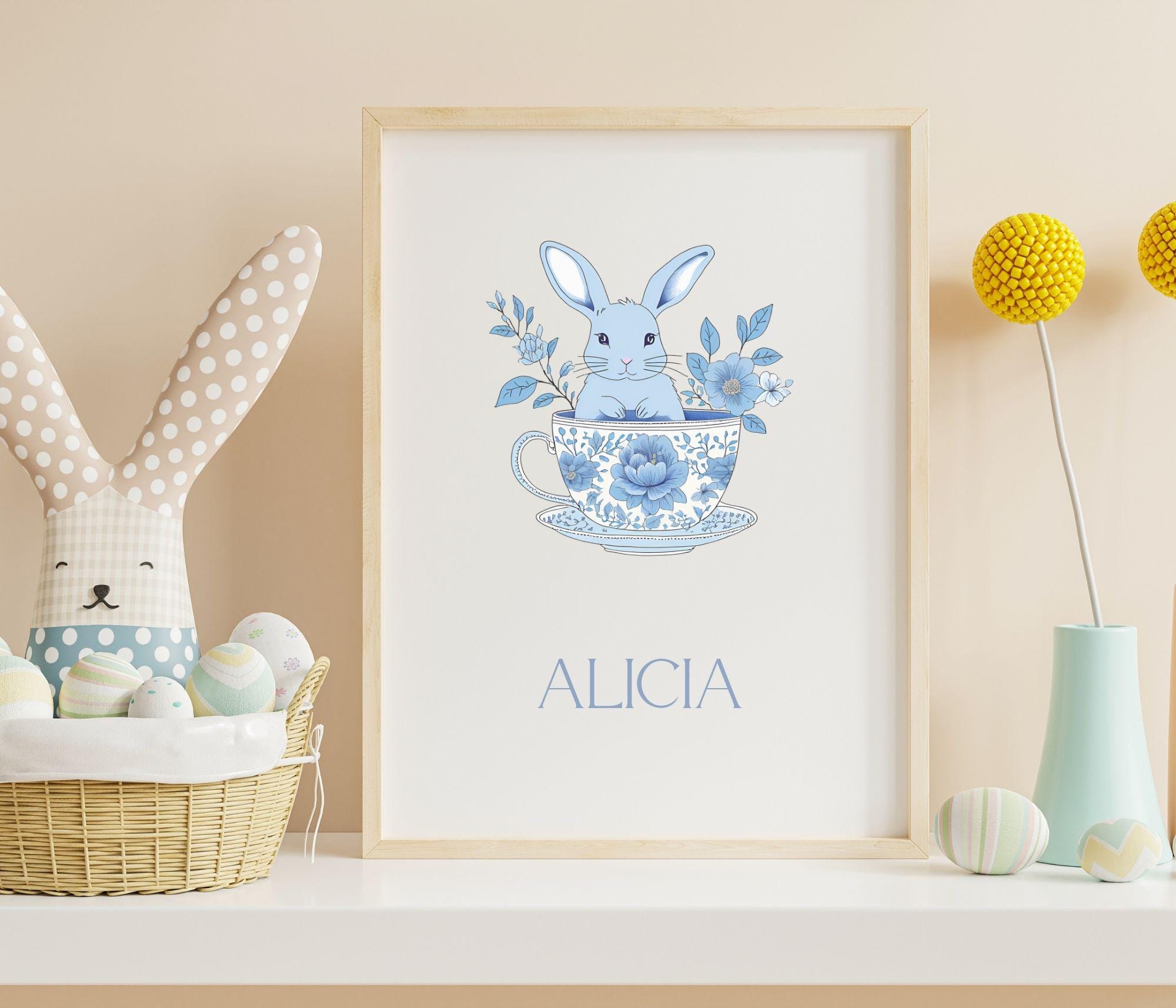 Bunny in Tea Cup Clipart, Grand Millennial Easter, Blue Toile Bunny Png ...