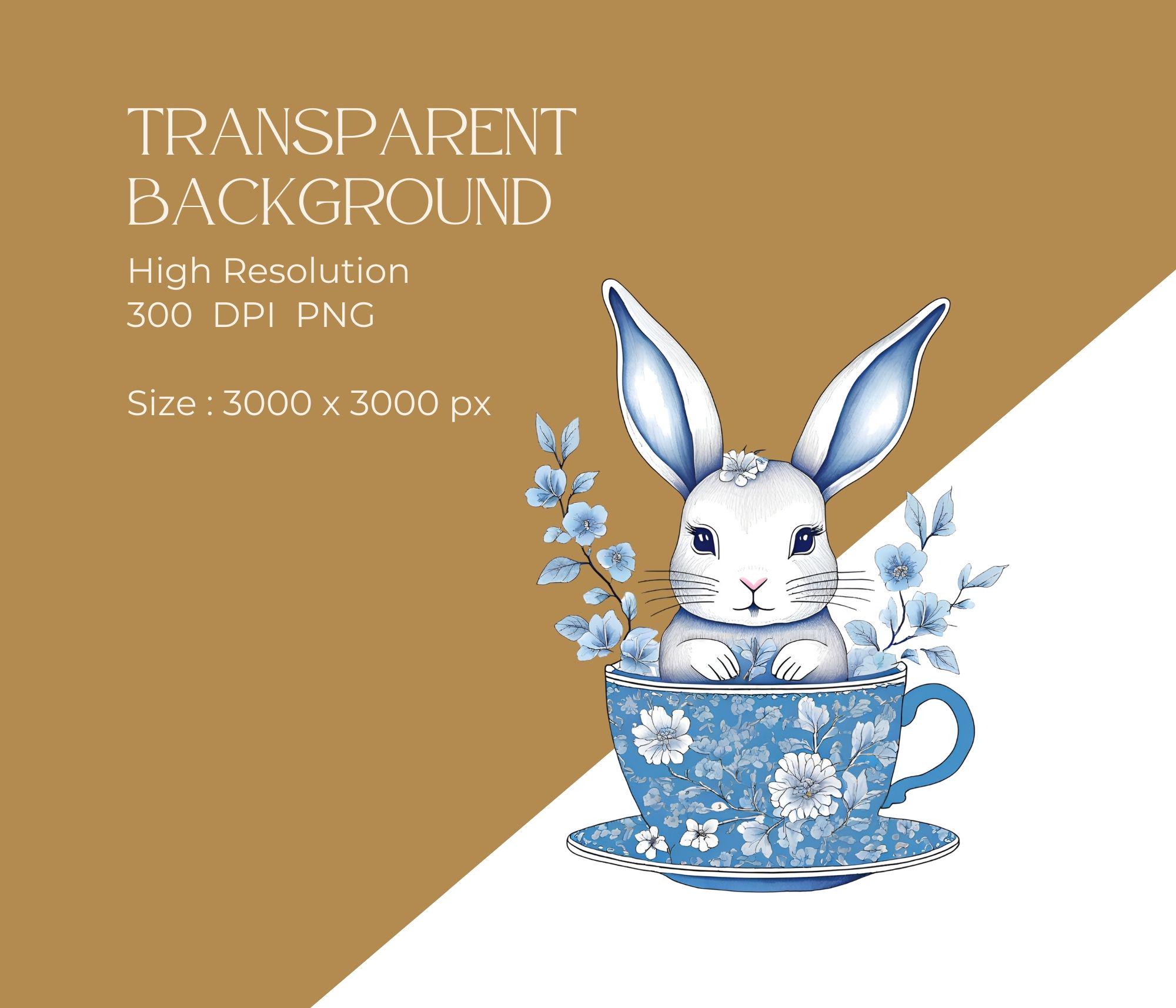Bunny in Tea Cup Clipart, Grand Millennial Easter, Blue Toile Bunny Png ...