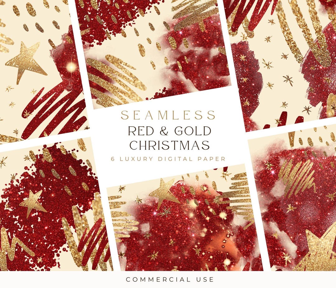 Red and Gold Christmas Digital Paper, Hand Drawn, Seamless Patterns for ...