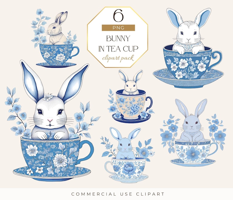 Bunny in Tea Cup Clipart, Grand Millennial Easter, Blue Toile Bunny Png ...