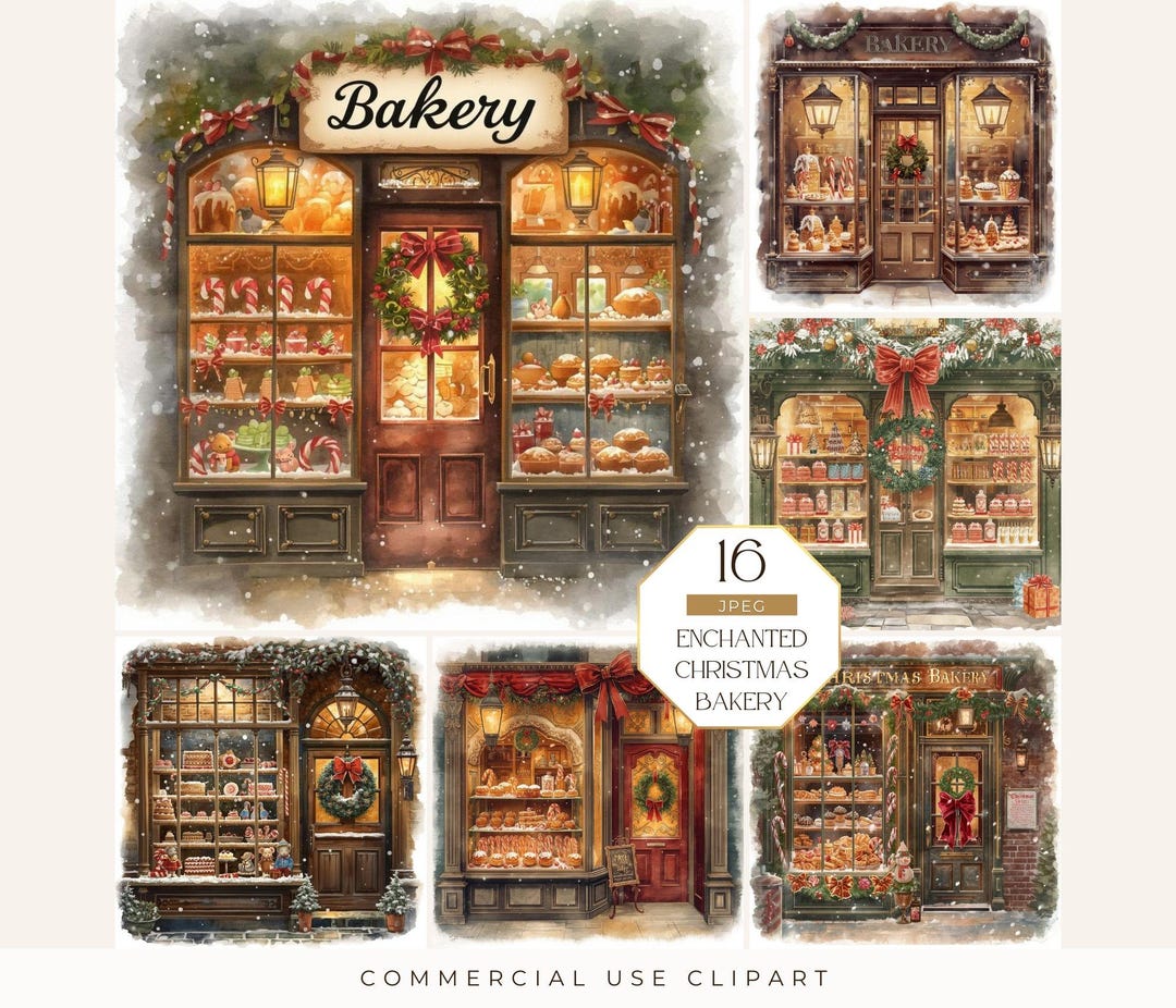 Enchanted Christmas Bakery Shop Clipart, Watercolor Vintage Store JPG ...
