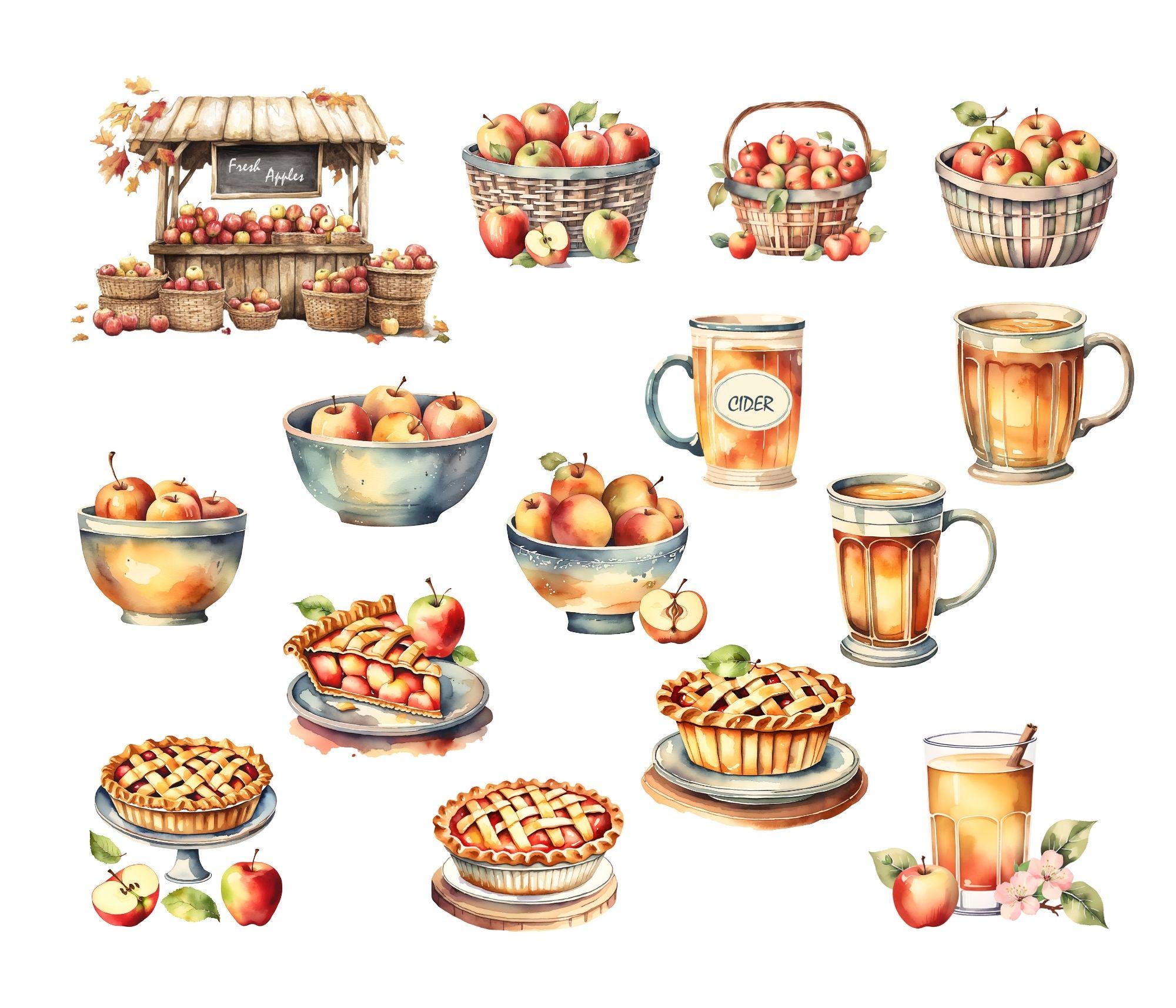 Autumn Clipart, Apple Pie Clipart, Apple Tree Clipart, Watercolor Apple ...