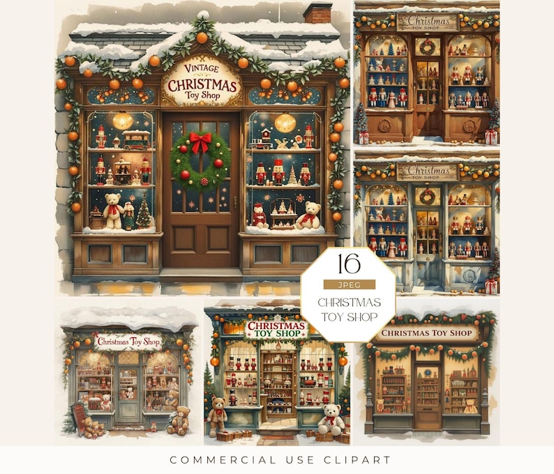 Christmas Toy Shop Clipart, Watercolor Vintage Store JPG | Holiday ...