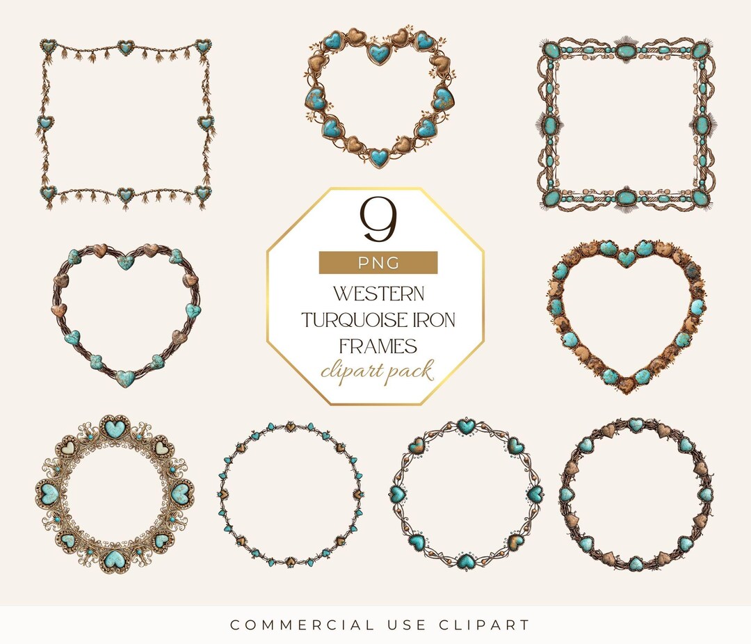 Turquoise Gemstone Iron Frames Clipart, Boho Cowboy Borders, Rustic ...