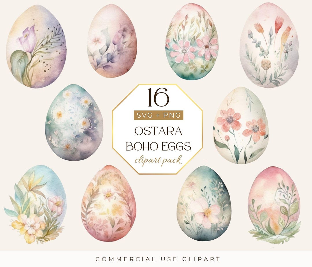 Boho Floral Easter Eggs, Ostara Clipart, Watercolor Spring Equinox Graphics for Crafts, Digital ...