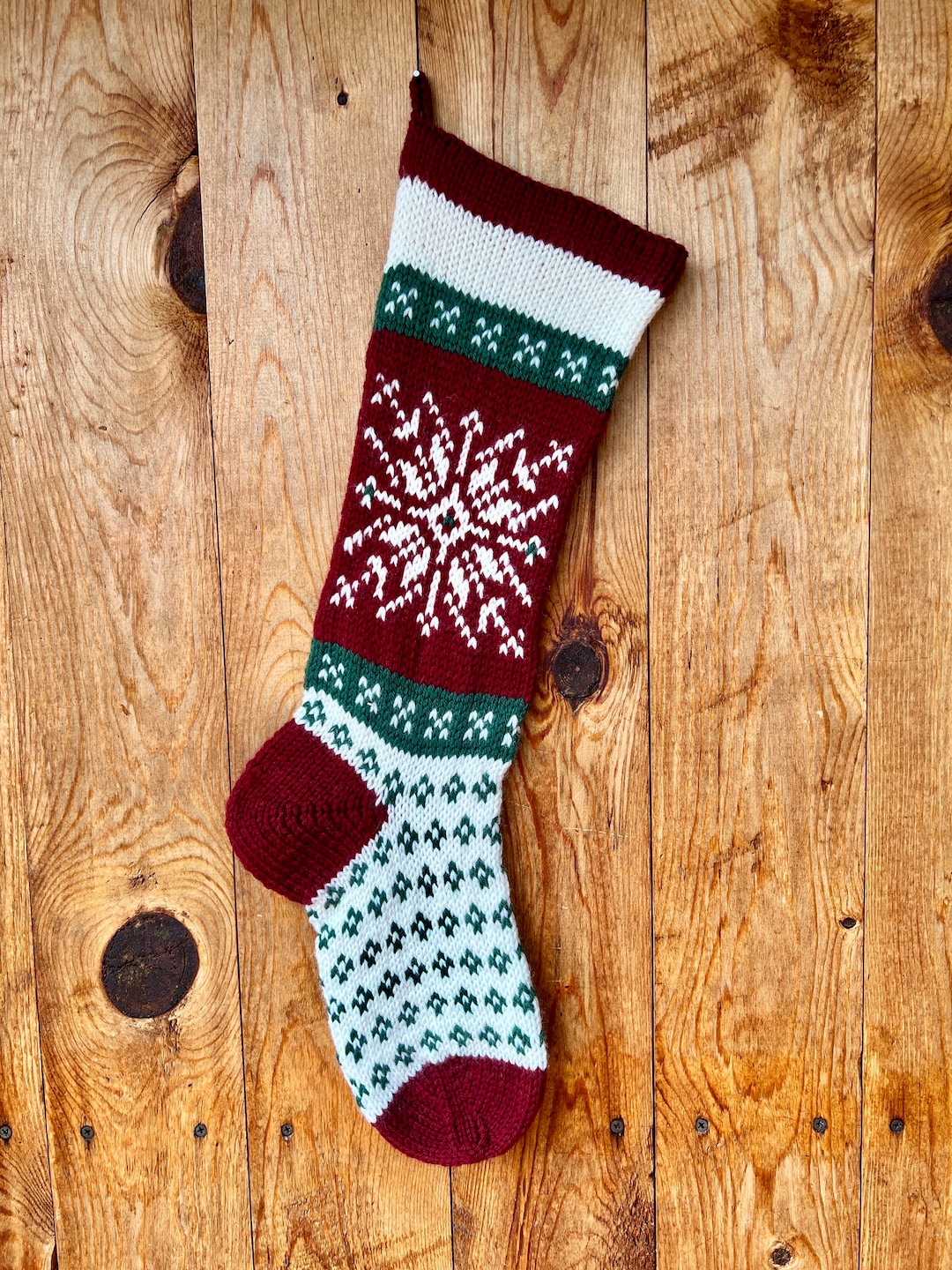 Hand Knit Christmas Nordic Stocking Snowflake - Handmade & Ready to ...