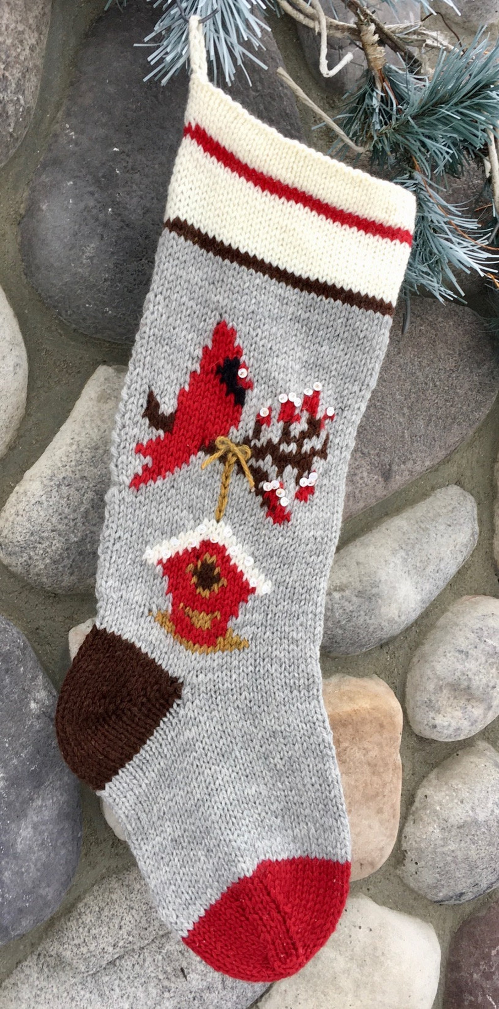 Knit Christmas Stocking Premier Cardinal and Bird House Handmade Ready ...