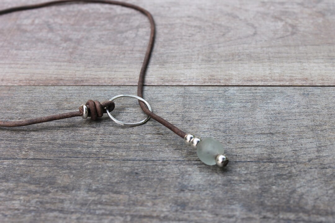 Sterling Silver Necklace/african Sea Glass Aquamarine/ Leather Lariat ...