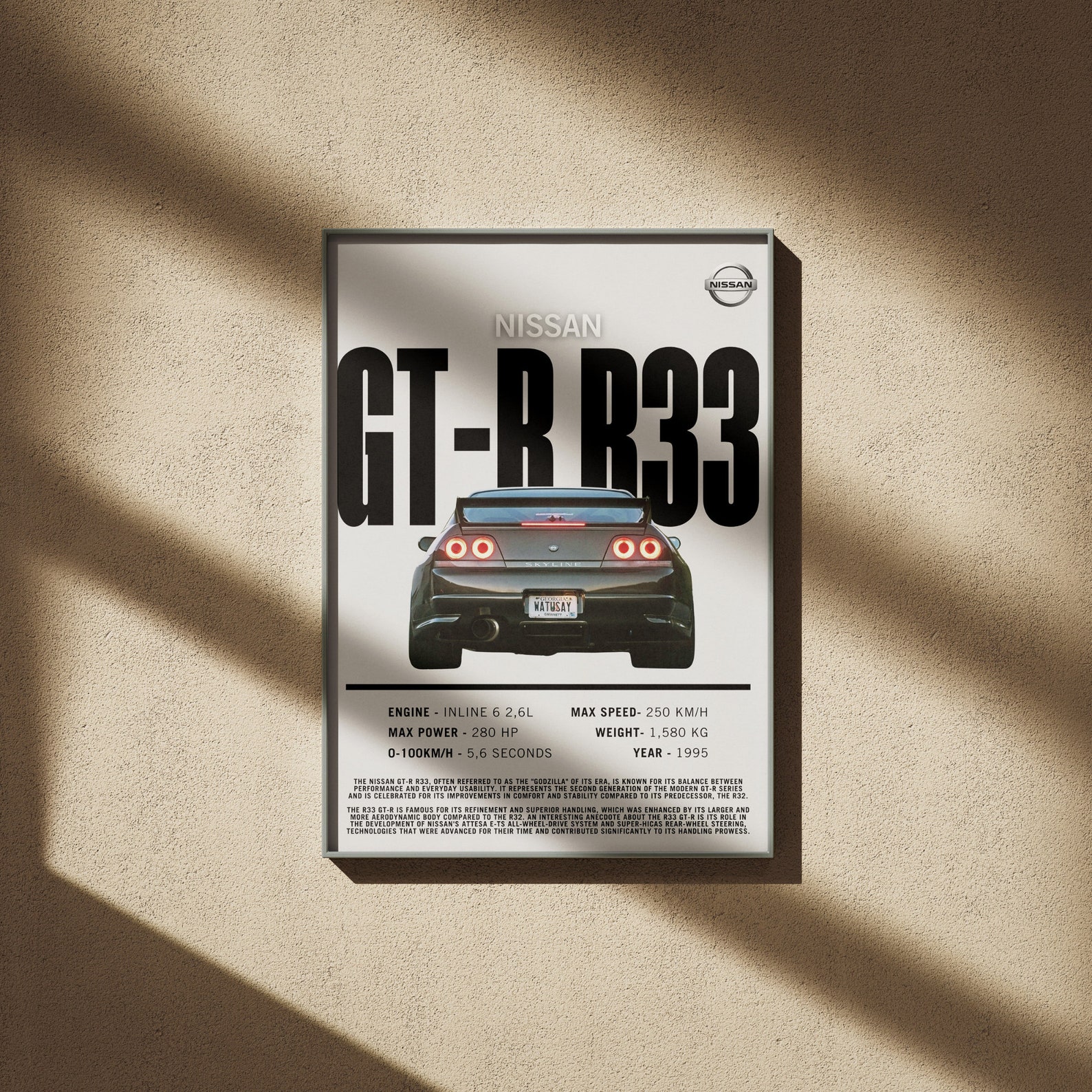 Nissan GTR R33 Poster Supercar Lover Poster Japanese Iconic Print Sport ...