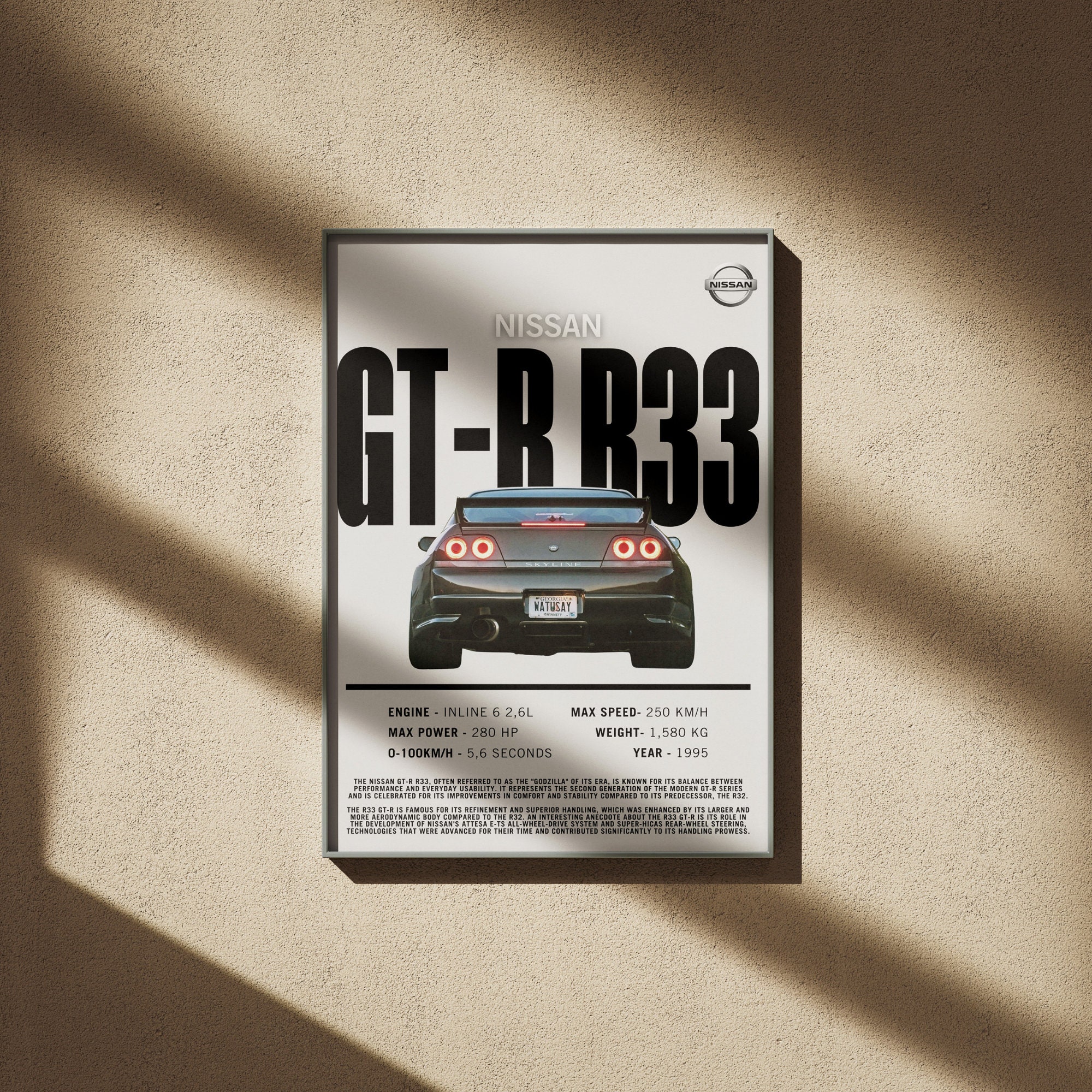 Nissan GTR R33 Poster Supercar Lover Poster Japanese Iconic Print Sport ...