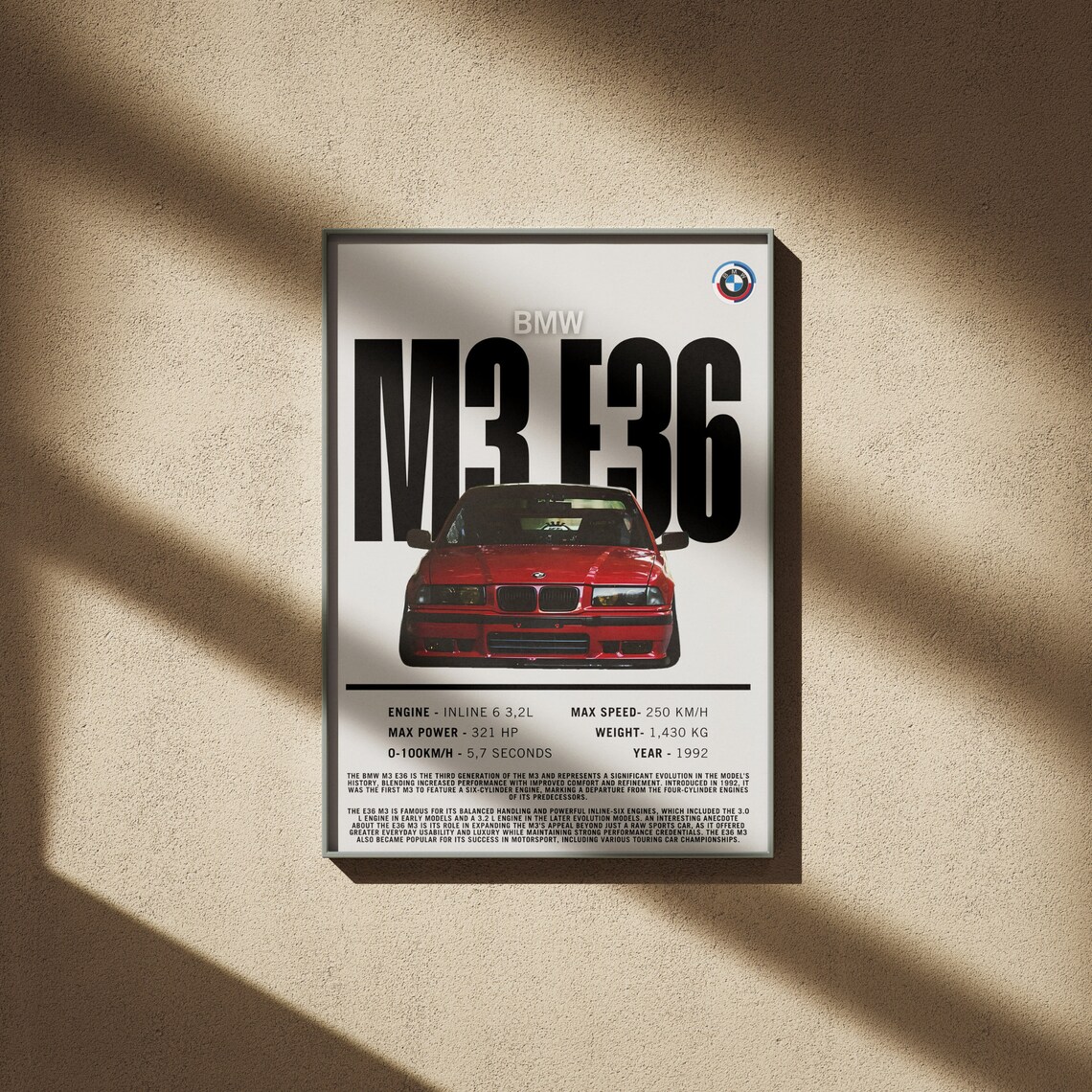 BMW M3 E36 Poster Youngtimer Lover Poster German Iconic Print Sport Car ...