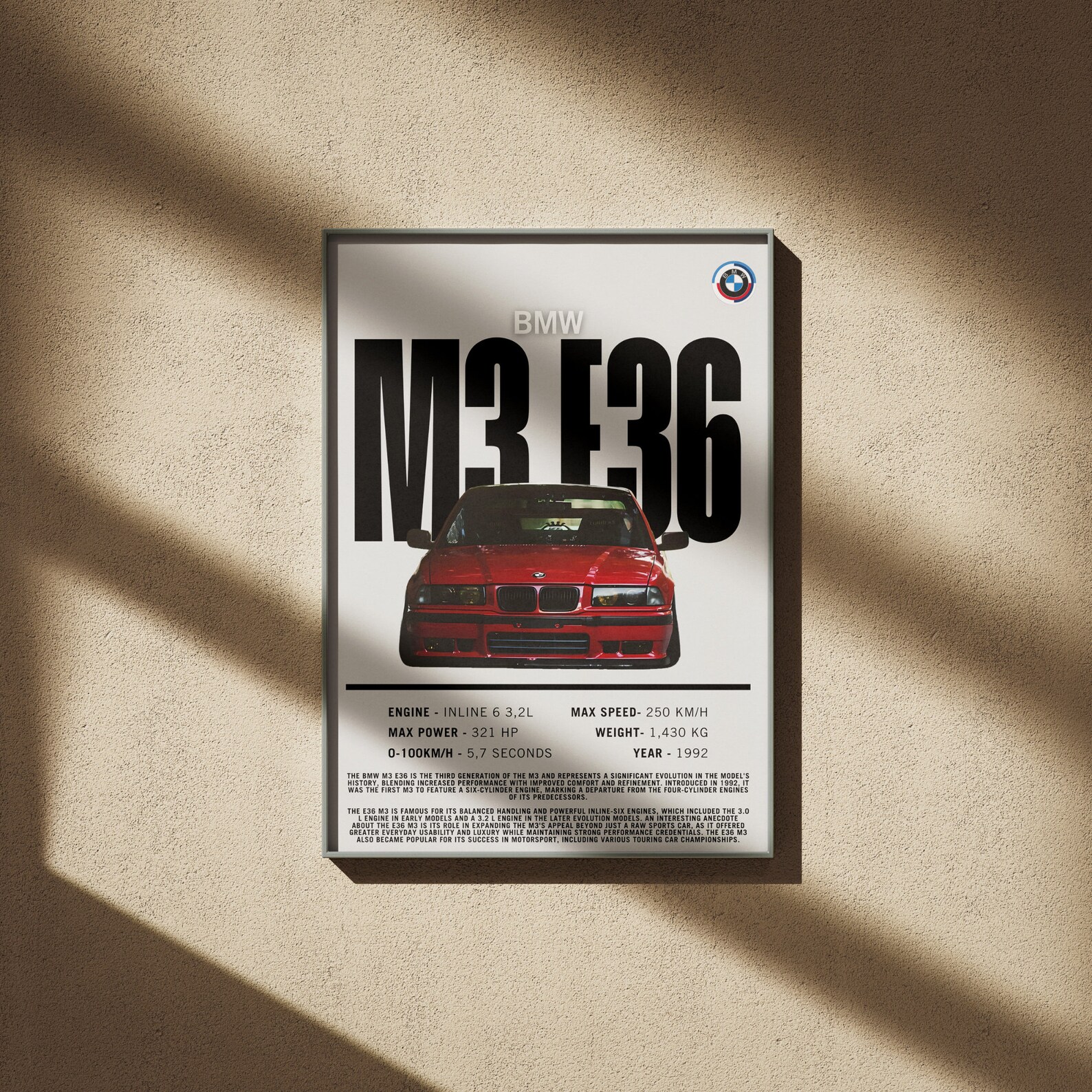 BMW M3 E36 Poster Youngtimer Lover Poster German Iconic Print Sport Car ...