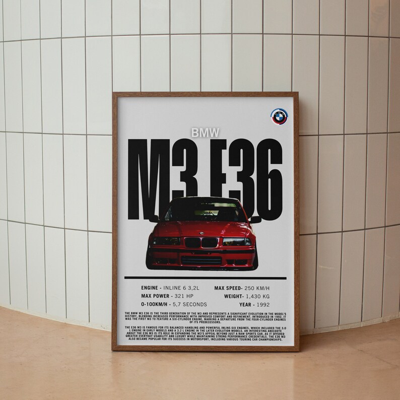 BMW M3 E36 Poster Youngtimer Lover Poster German Iconic Print Sport Car ...