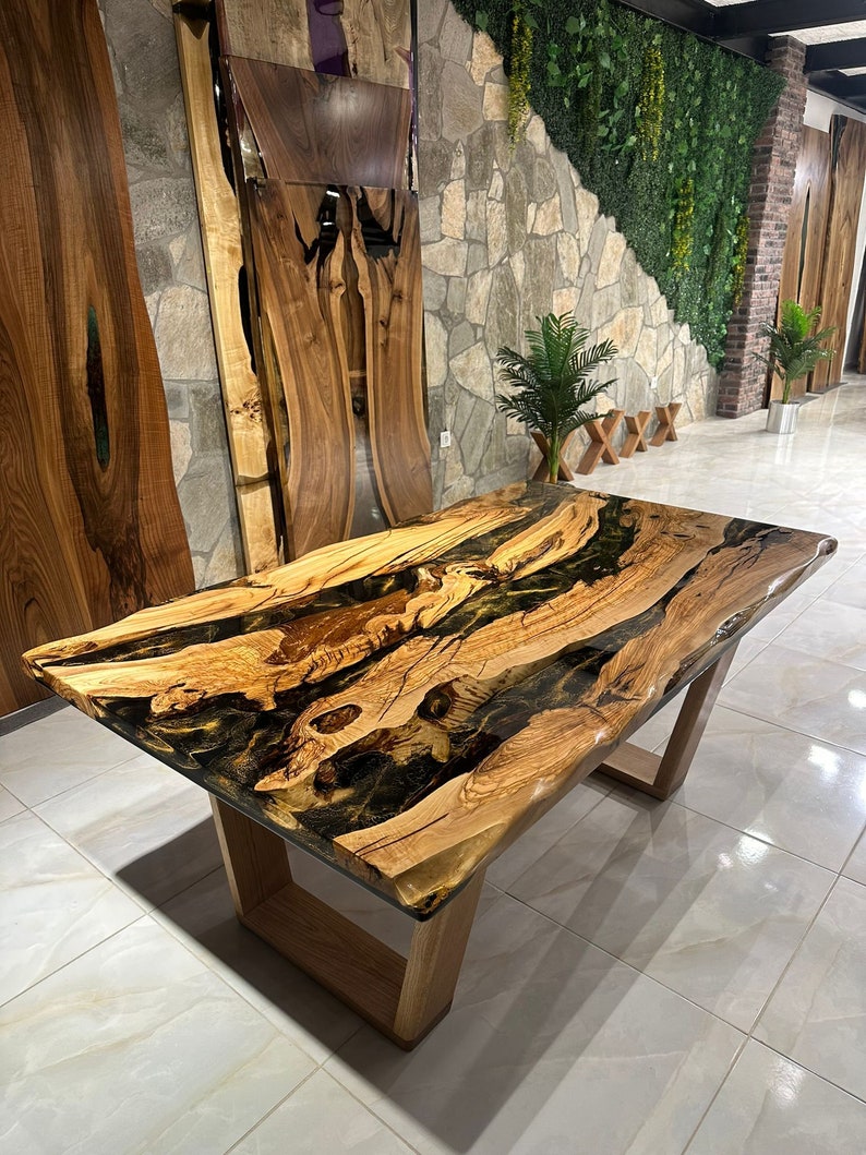 MADE TO ORDER | Olive Wood Table With Black Epoxy - Etsy