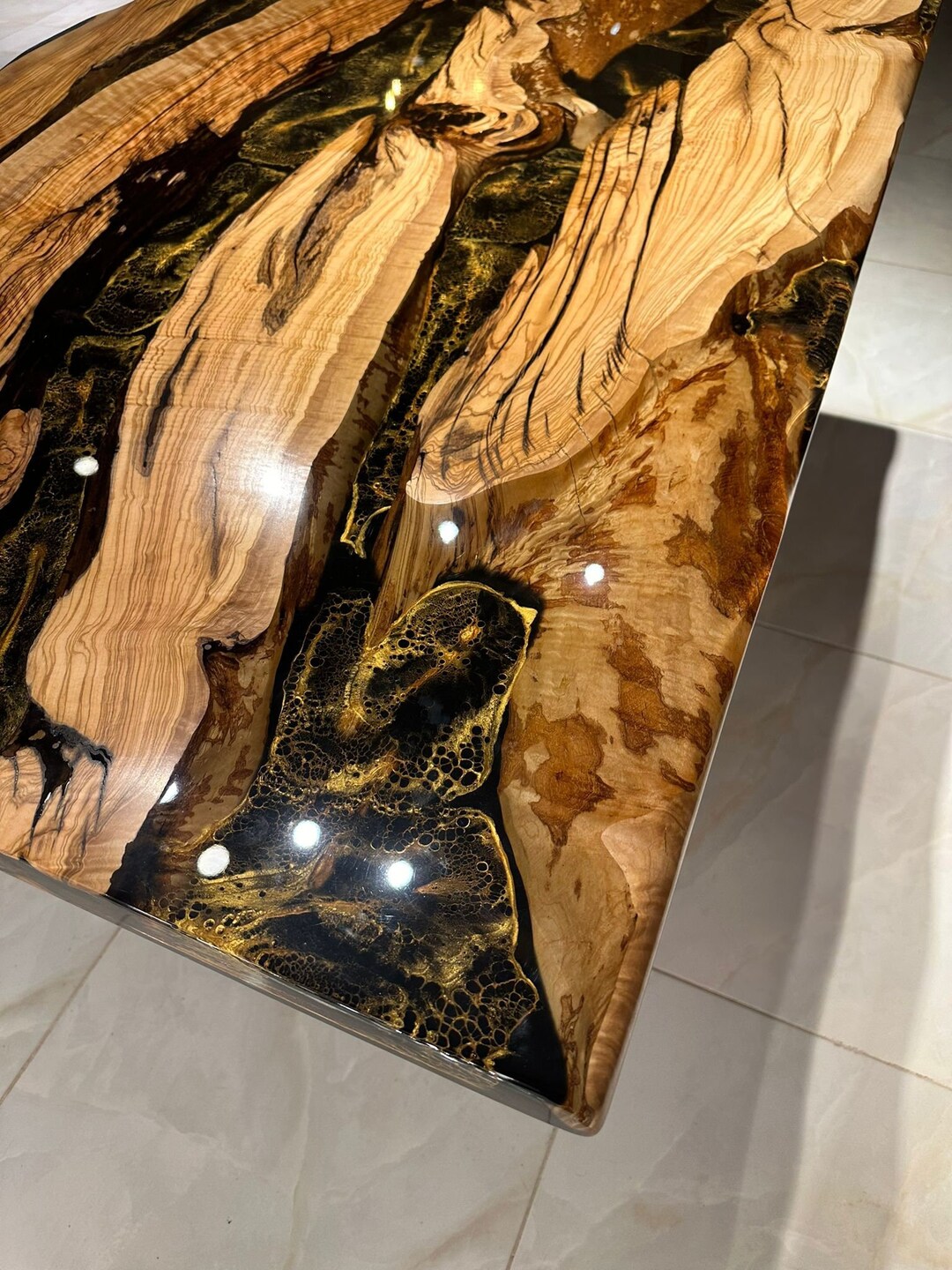 MADE TO ORDER | Olive Wood Table With Black Epoxy - Etsy