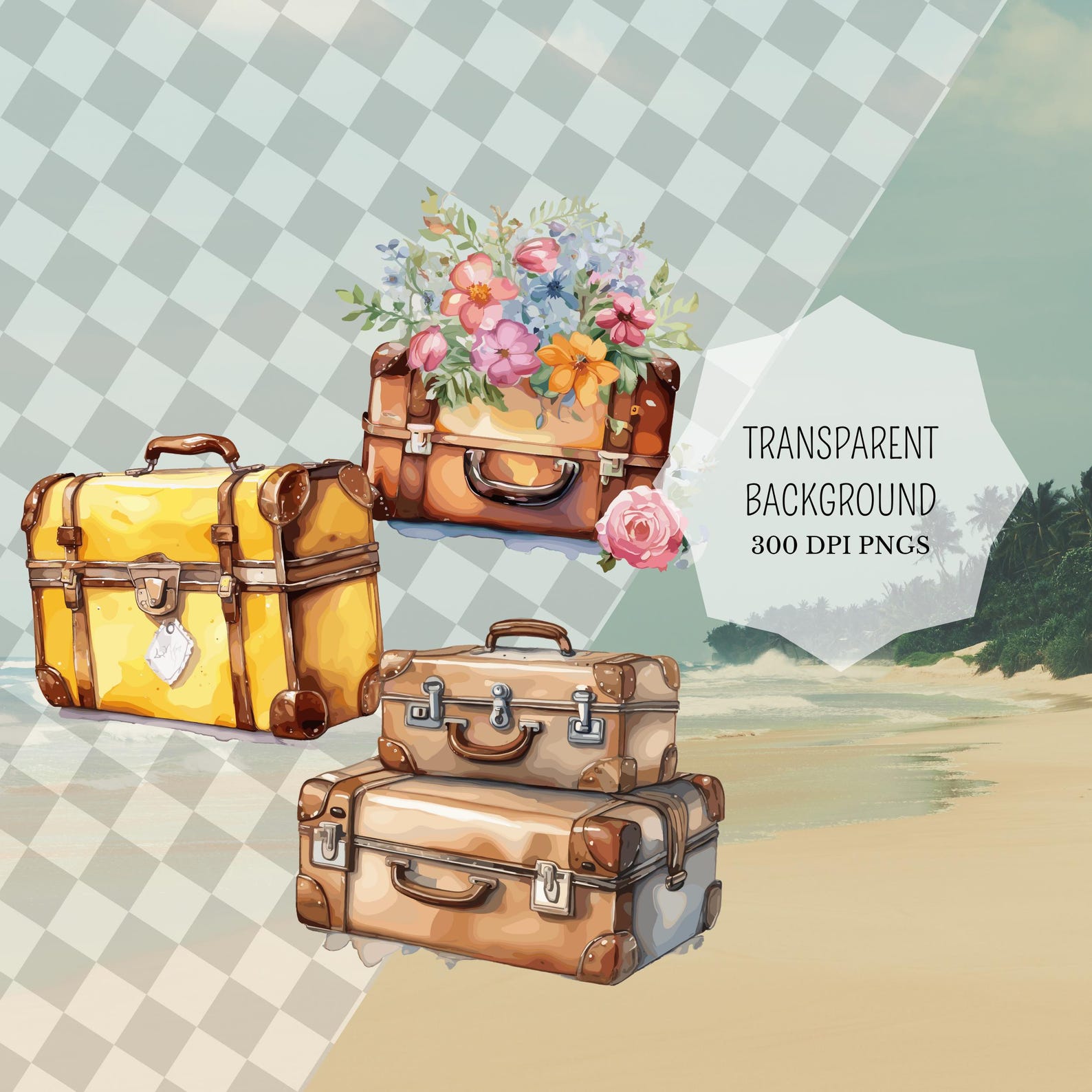 Vintage Suitcase, Antique Luggage, Vintage Suitcase Clipart, Watercolor ...
