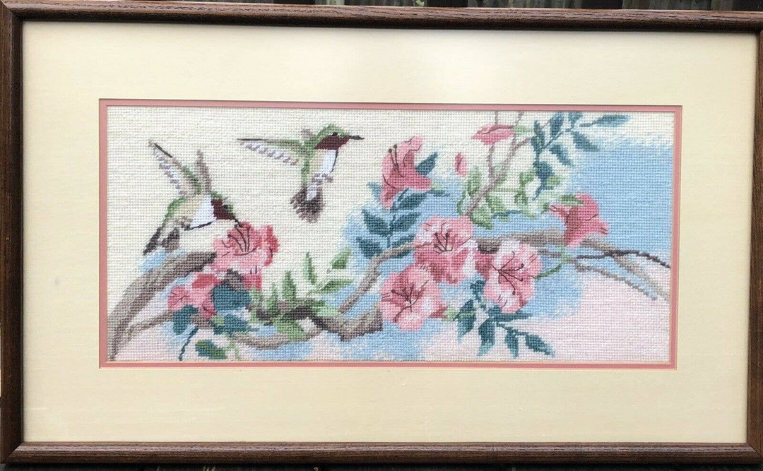 Vintage Needlepoint Hummingbird Flowers Birds Framed Finished Art 24" X ...