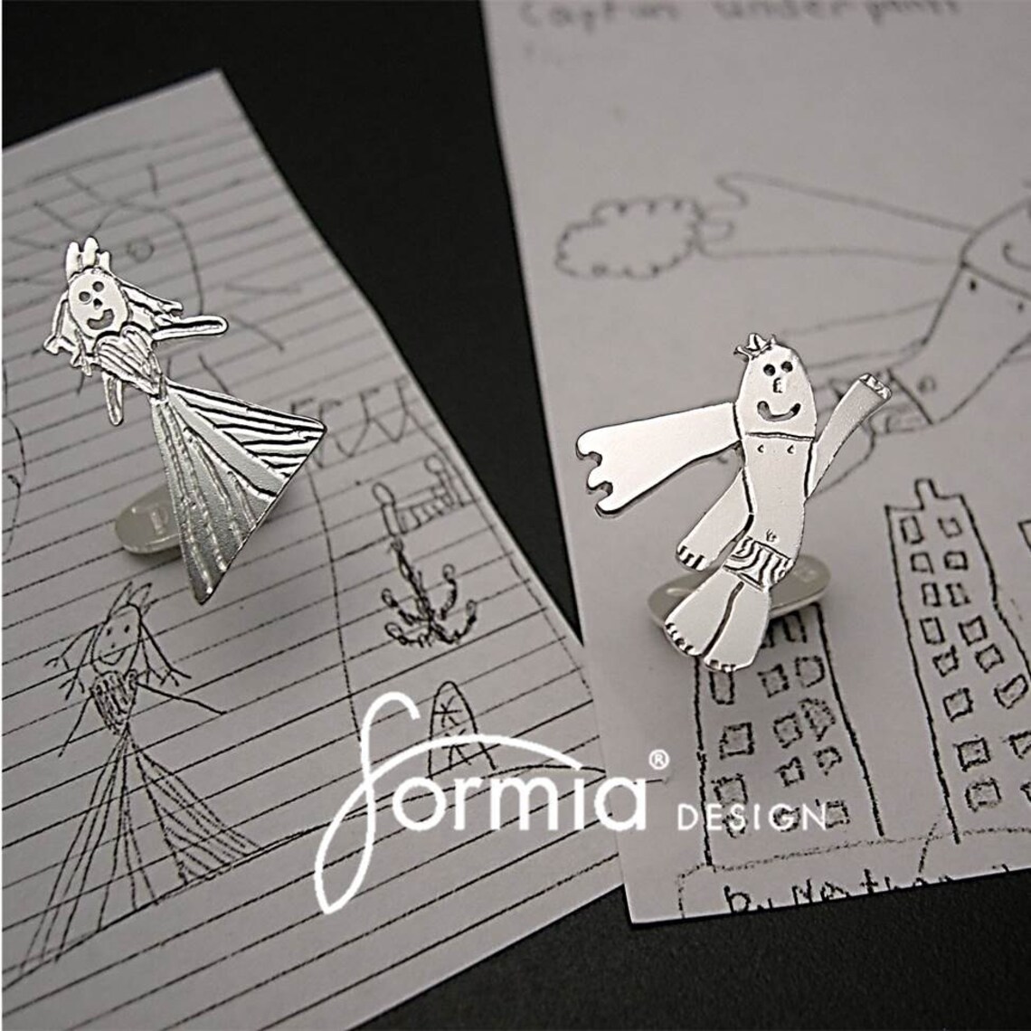 Kids Drawing on Cufflinks for Dad, Art on Silver Cufflinks, Childs ...