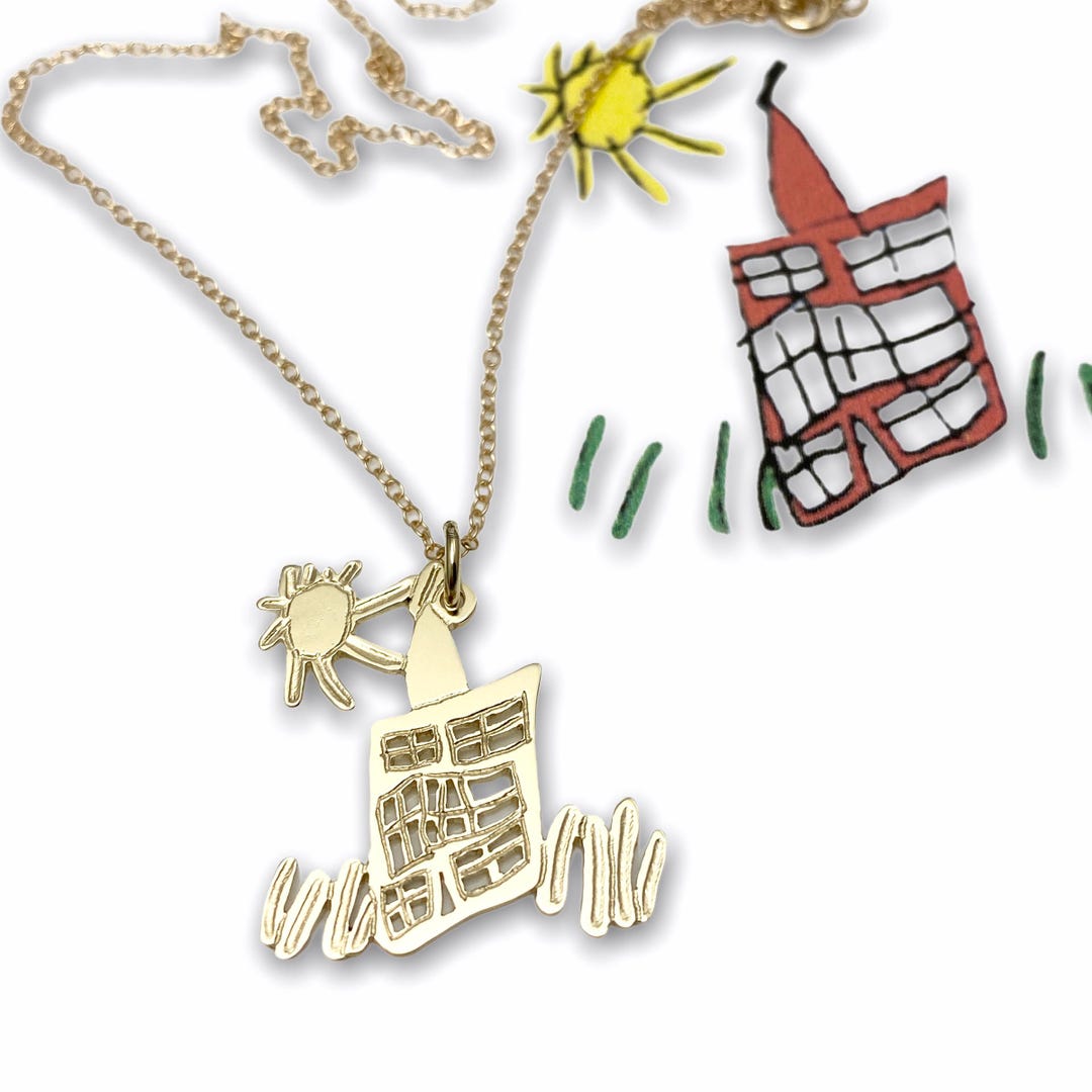 Kids Drawing on 14k Gold Charm, Drawing on Gold Pendant, Gold Artowrk ...