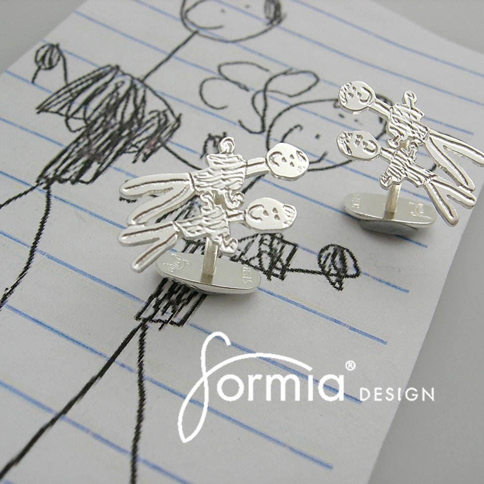 Kids Drawing on Cufflinks for Dad, Art on Silver Cufflinks, Childs ...