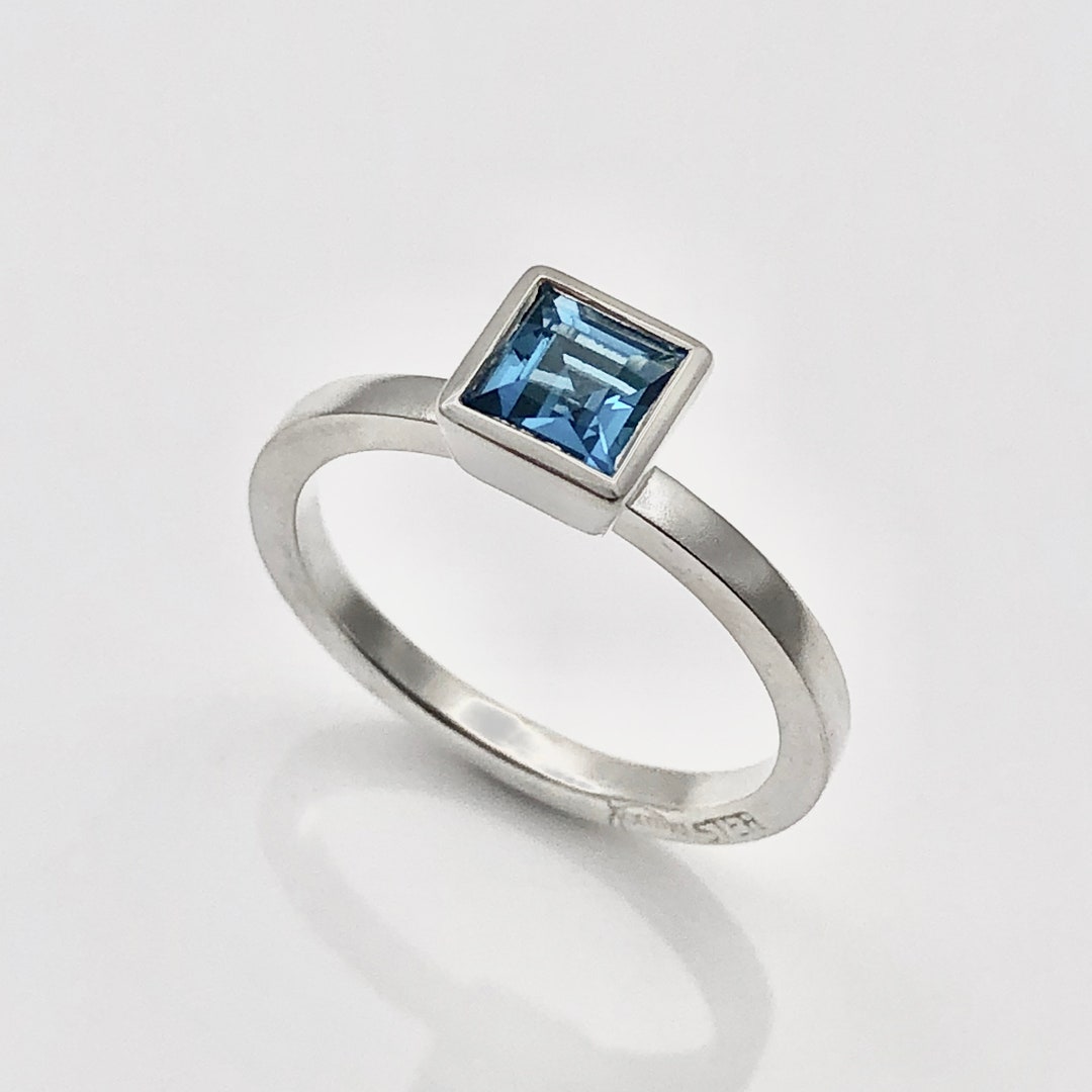 Square Blue Topas Stack Ring, Step Cut London Blue Topaz, Ring With ...