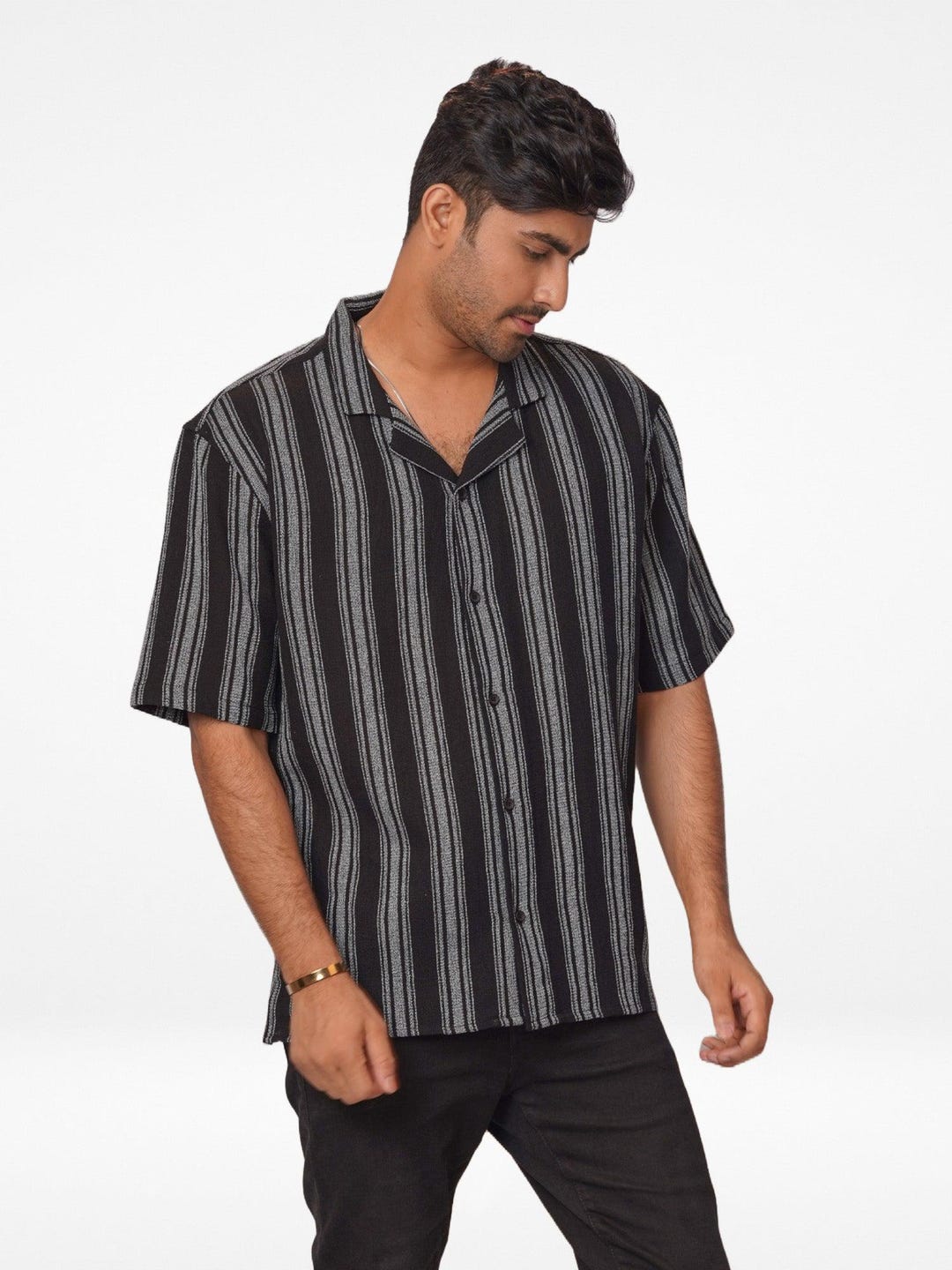 Men’s Relaxed-fit Half-sleeve Casual Cuban Collar Shirt Black Stripes ...