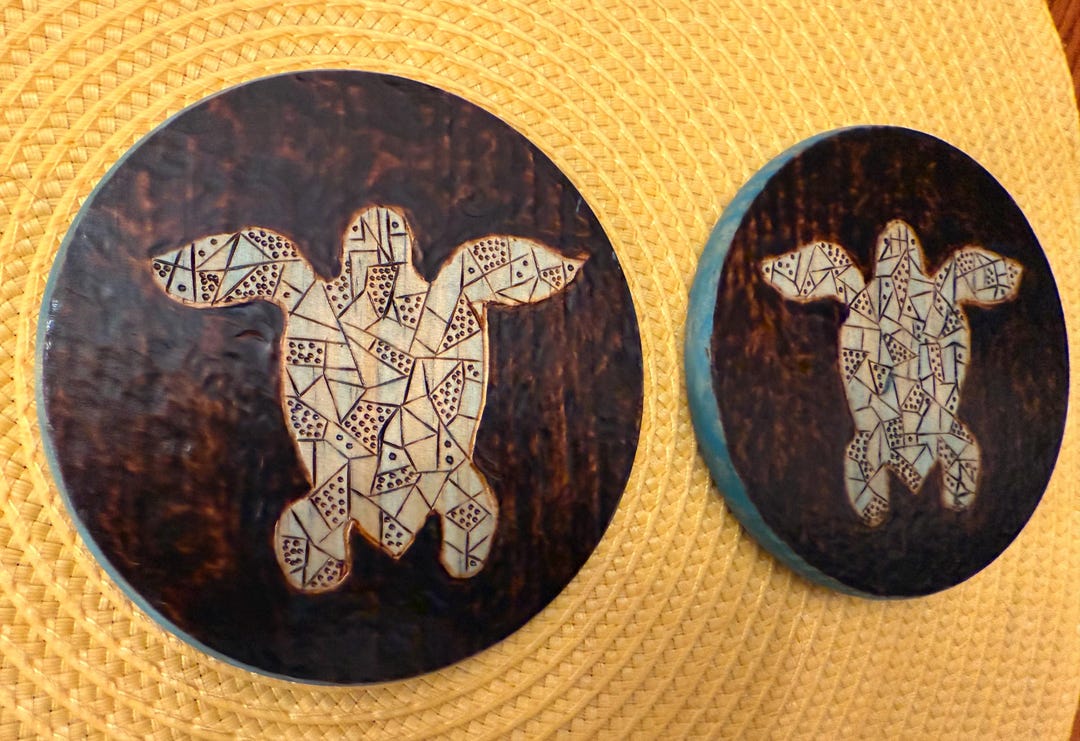 Wood Burned 2 Piece Sea Turtle Coaster Set With Antique Blue Finish. (3 ...