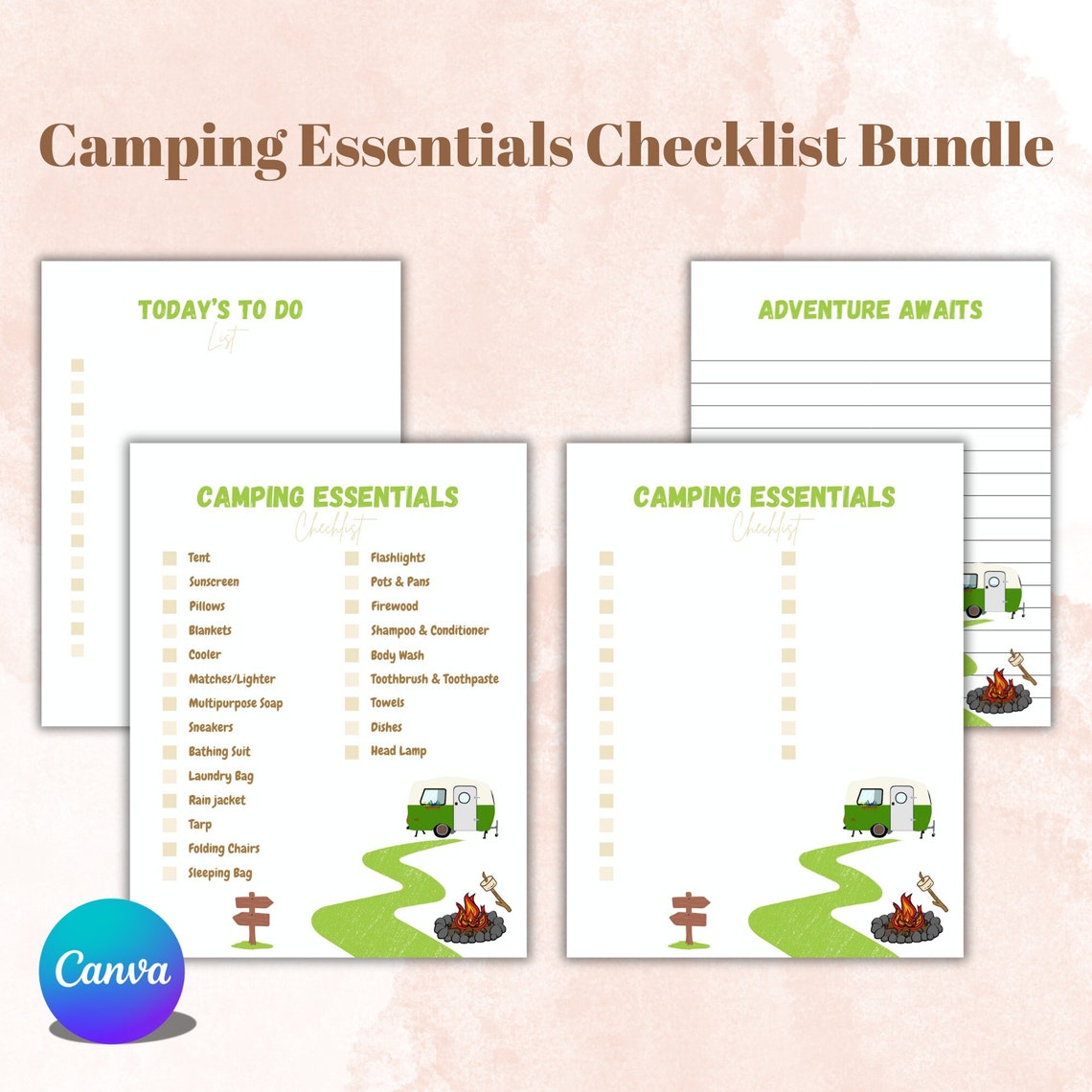Printable Camping Trip Checklist Bundle With Canva Template Camper to ...