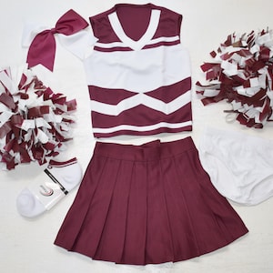 5 Girl's Cheerleader Uniform Pleat Maroon / White Deluxe Pom Poms Cheer ...