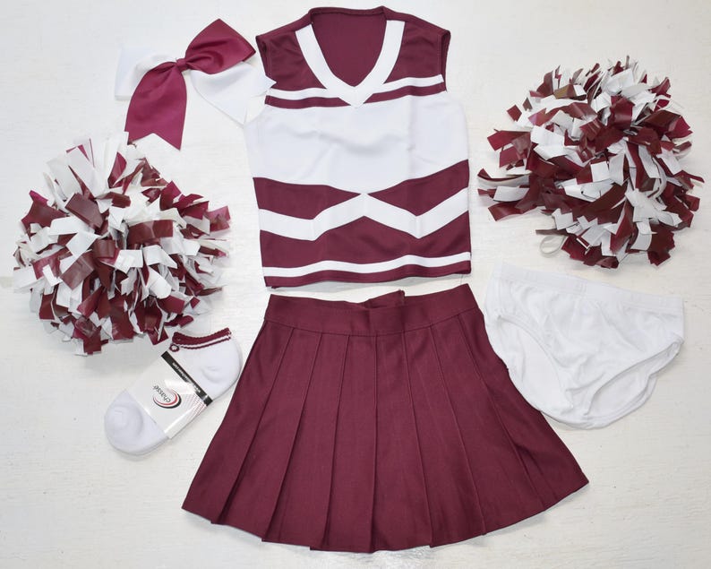 5 Girl's Cheerleader Uniform Pleat Maroon / White Deluxe Pom Poms Cheer ...