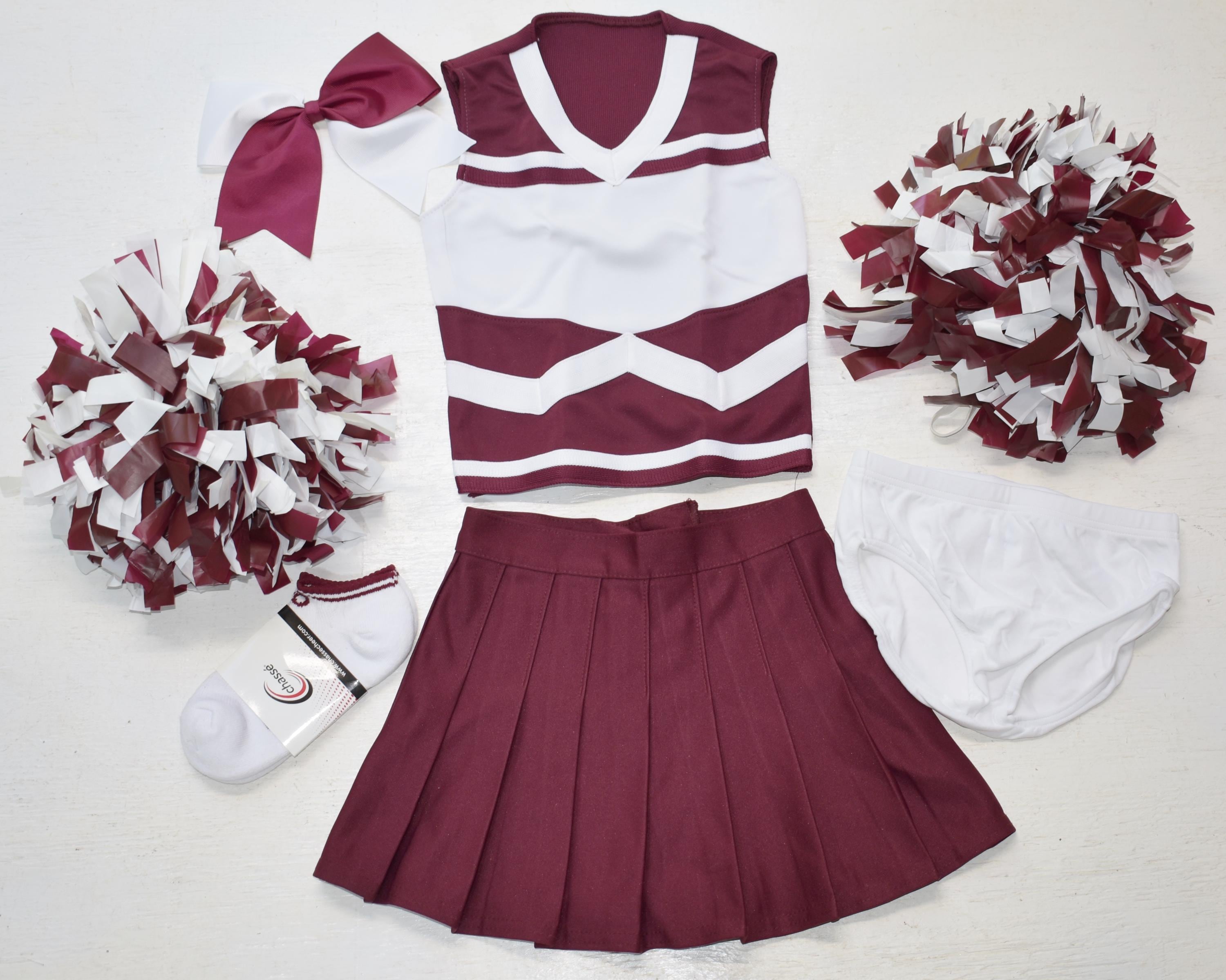 5 Girl's Cheerleader Uniform Pleat Maroon / White Deluxe Pom Poms Cheer ...