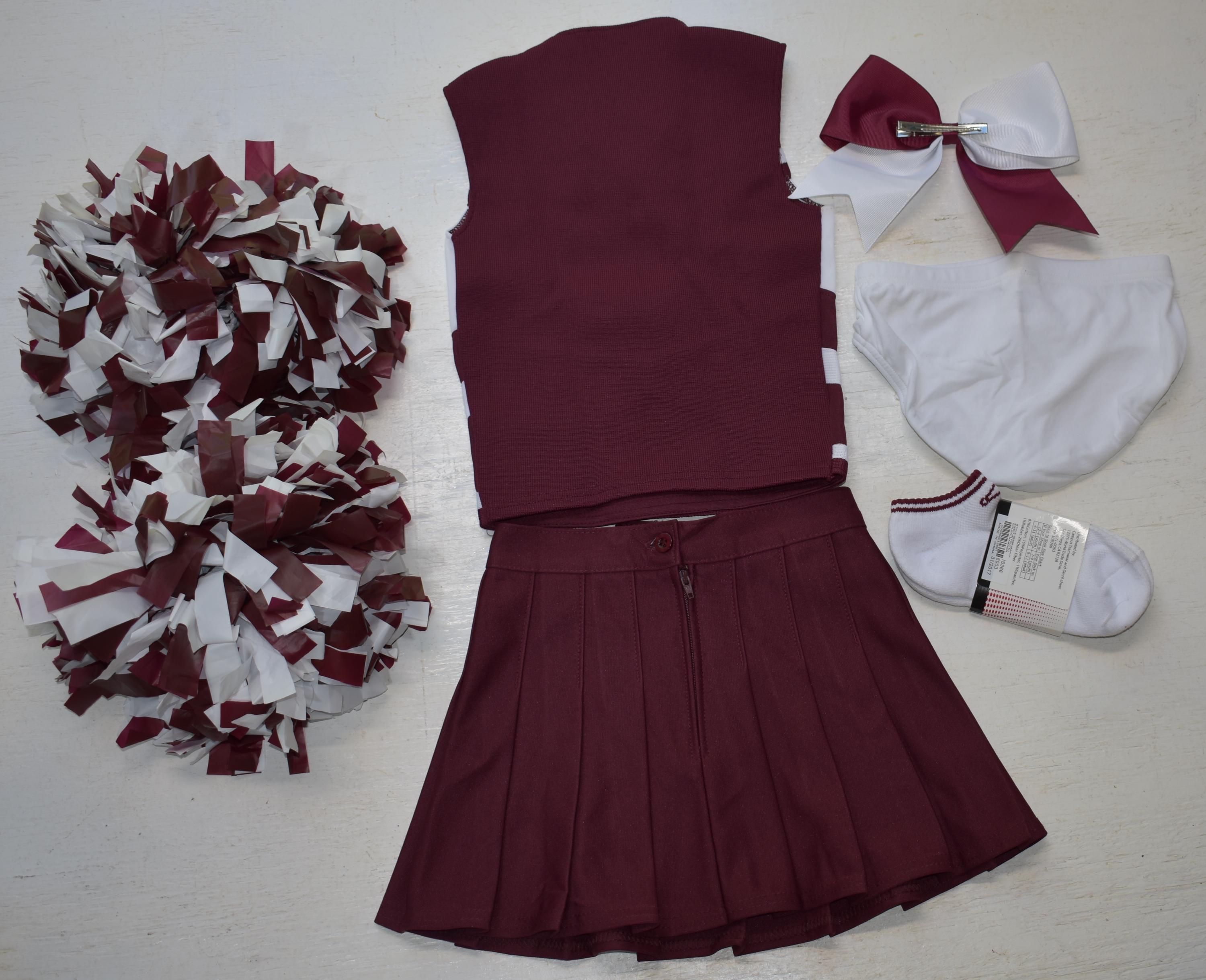 5 Girl's Cheerleader Uniform Pleat Maroon / White Deluxe Pom Poms Cheer ...