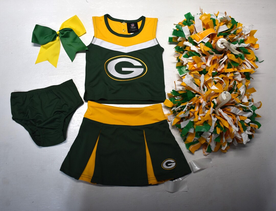 3T PACKERS Colors Cheerleader Outfit Uniform Complete Set Pom Poms Hair ...