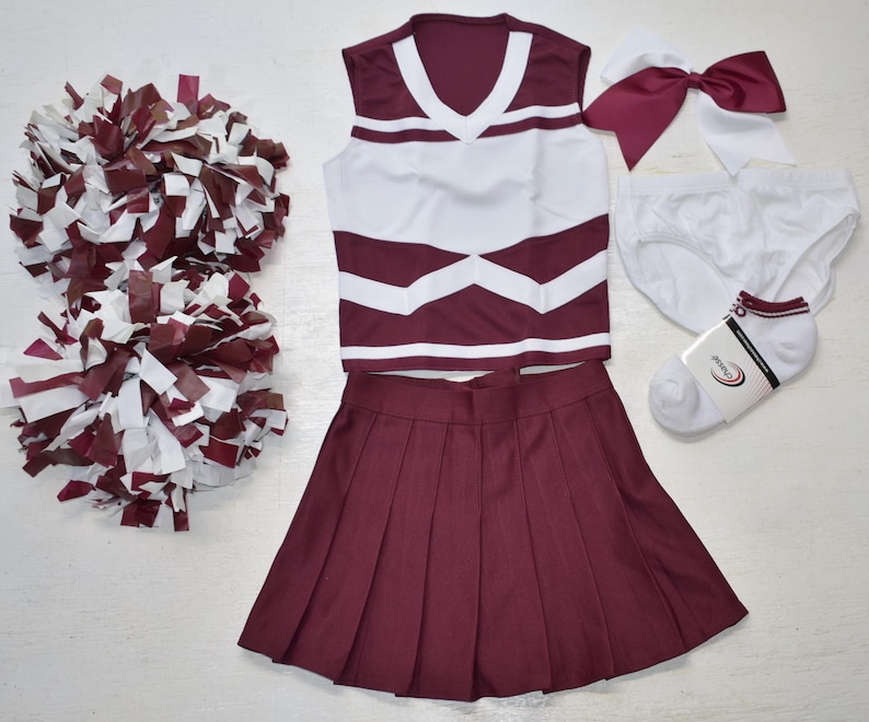 5 Girl's Cheerleader Uniform Pleat Maroon / White Deluxe Pom Poms Cheer ...
