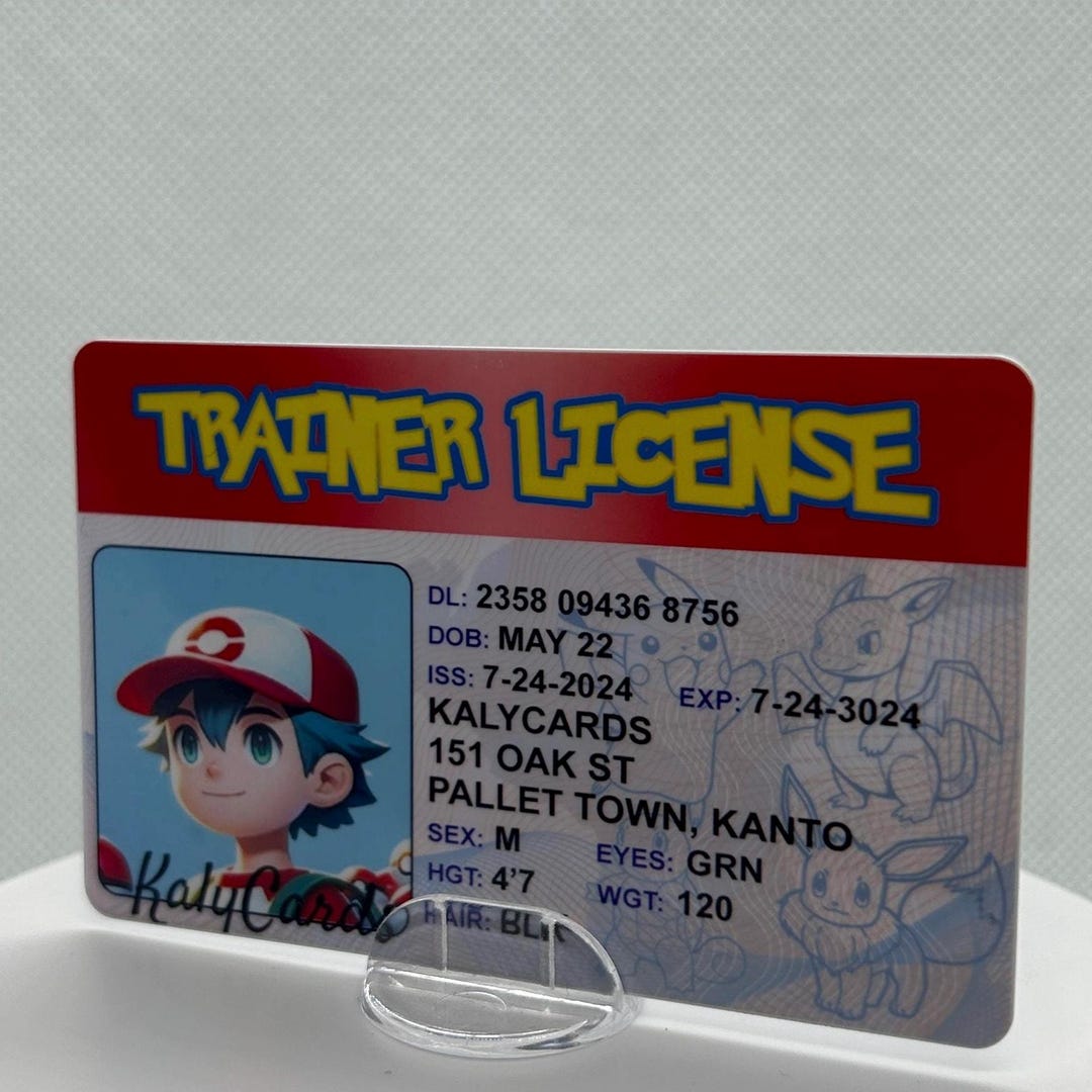 Custom Trainer License Ash Style ID Card Personalized Poke Certificate ...