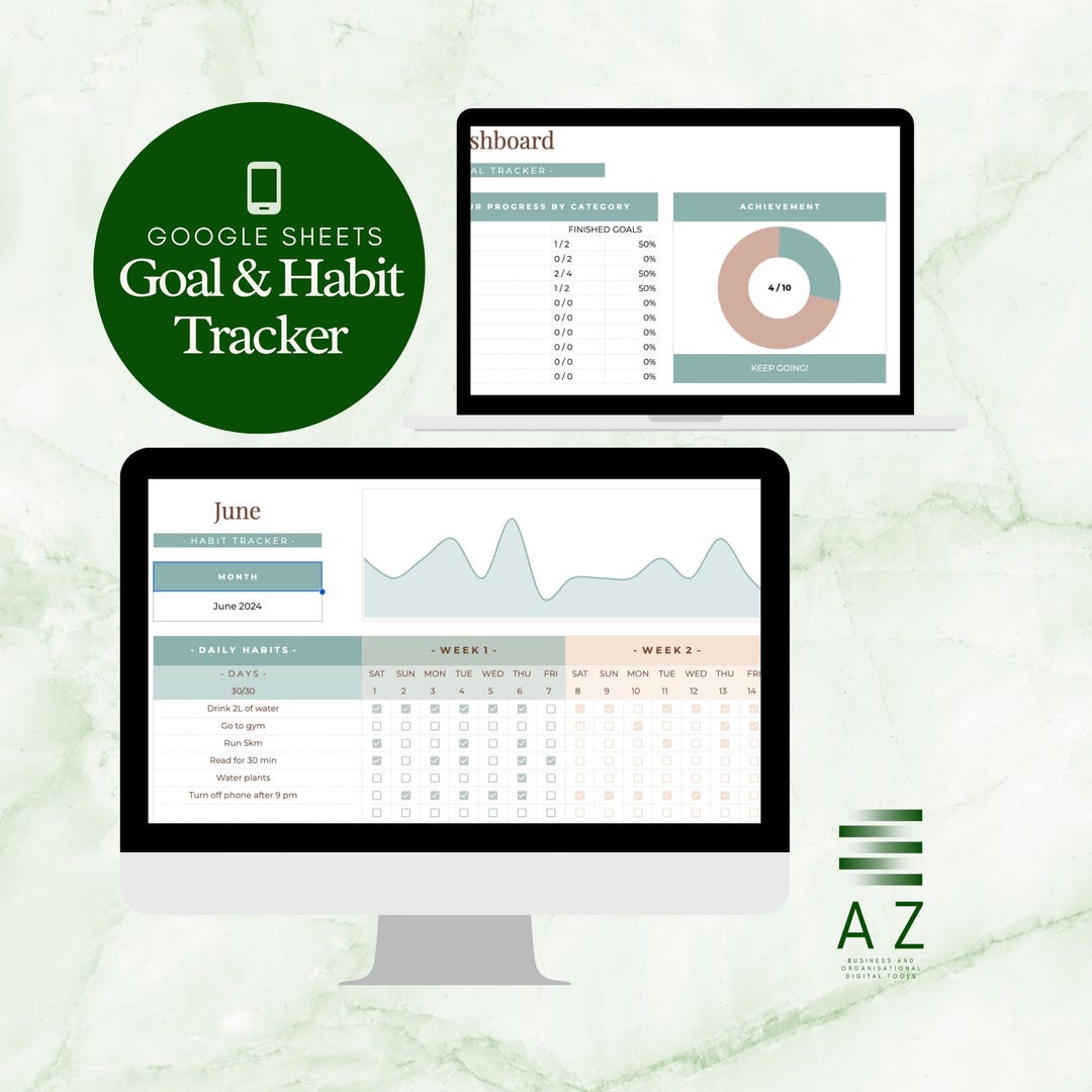 Monthly Habit Tracker and Goal Tracker Spreadsheet for Google Sheets ...
