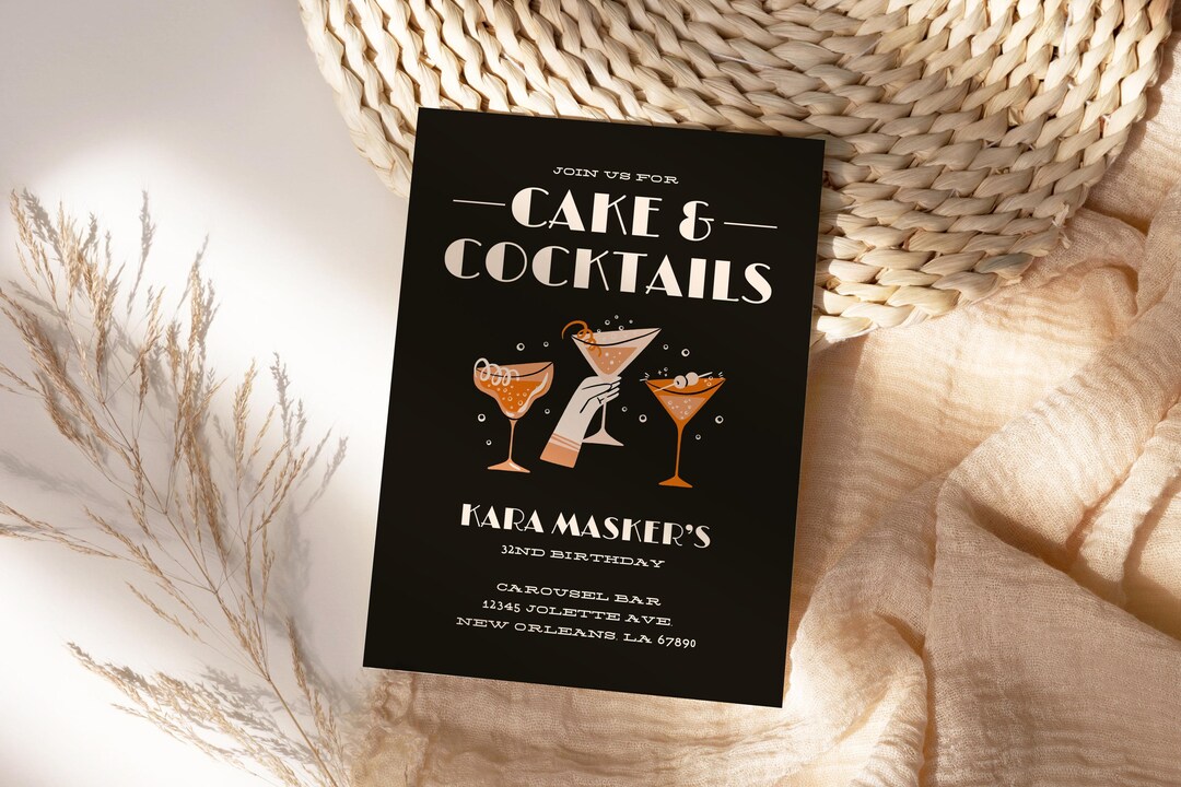 CAKE & COCKTAILS Adult Birthday Party Invitation | Retro Vintage ...