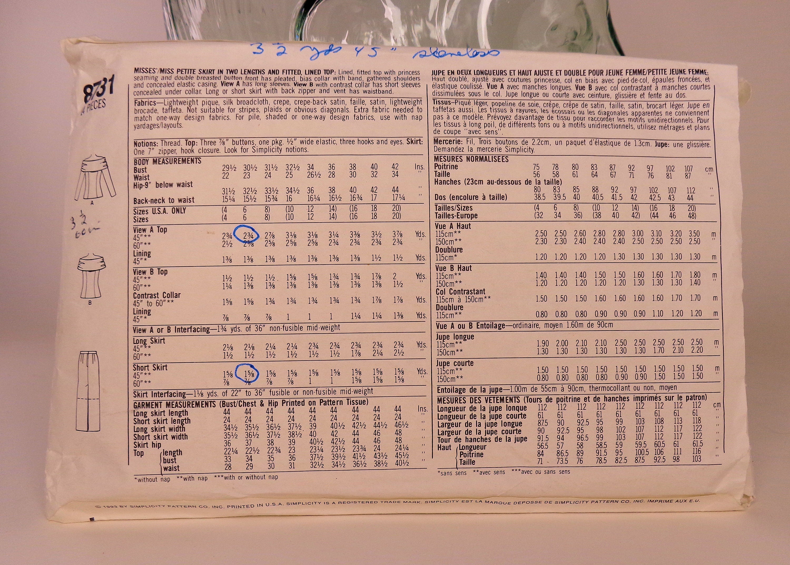 Skirt Pattern Lined Top Pattern Womens 2 Piece Dress Simplicity 8731 ...