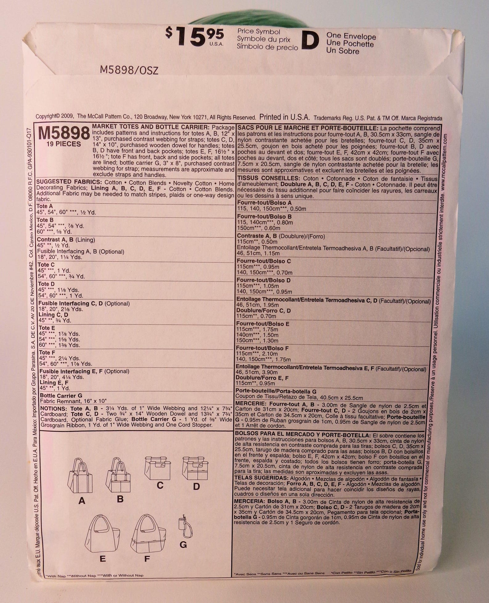 Market Tote Pattern Grocery Tote Pattern Bottle Carrier Pattern Mccalls ...