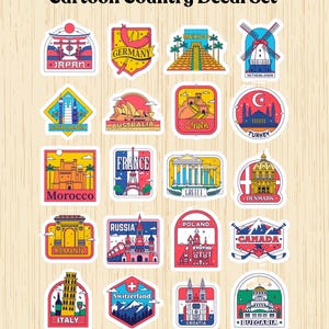 Vintage Stamp Luggage Sticker Set Cartoon Country Vinyl Decals ...