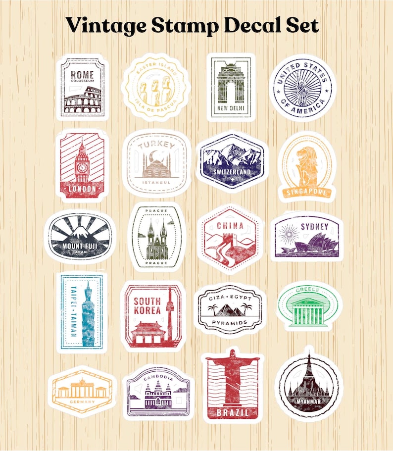 Vintage Stamp Luggage Sticker Set Cartoon Country Vinyl Decals ...